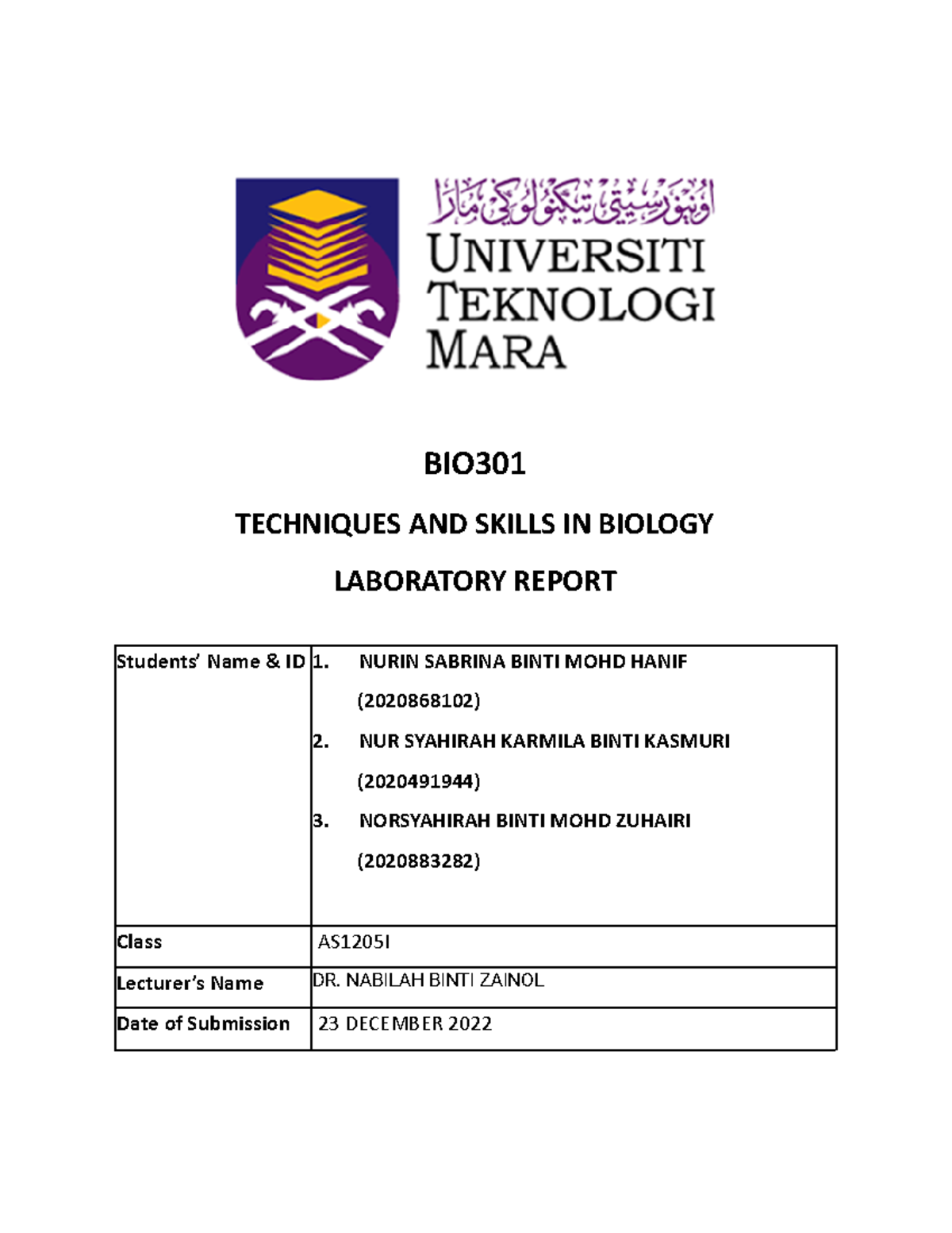 BIO301 TRIO LAB Report - BIO TECHNIQUES AND SKILLS IN BIOLOGY ...