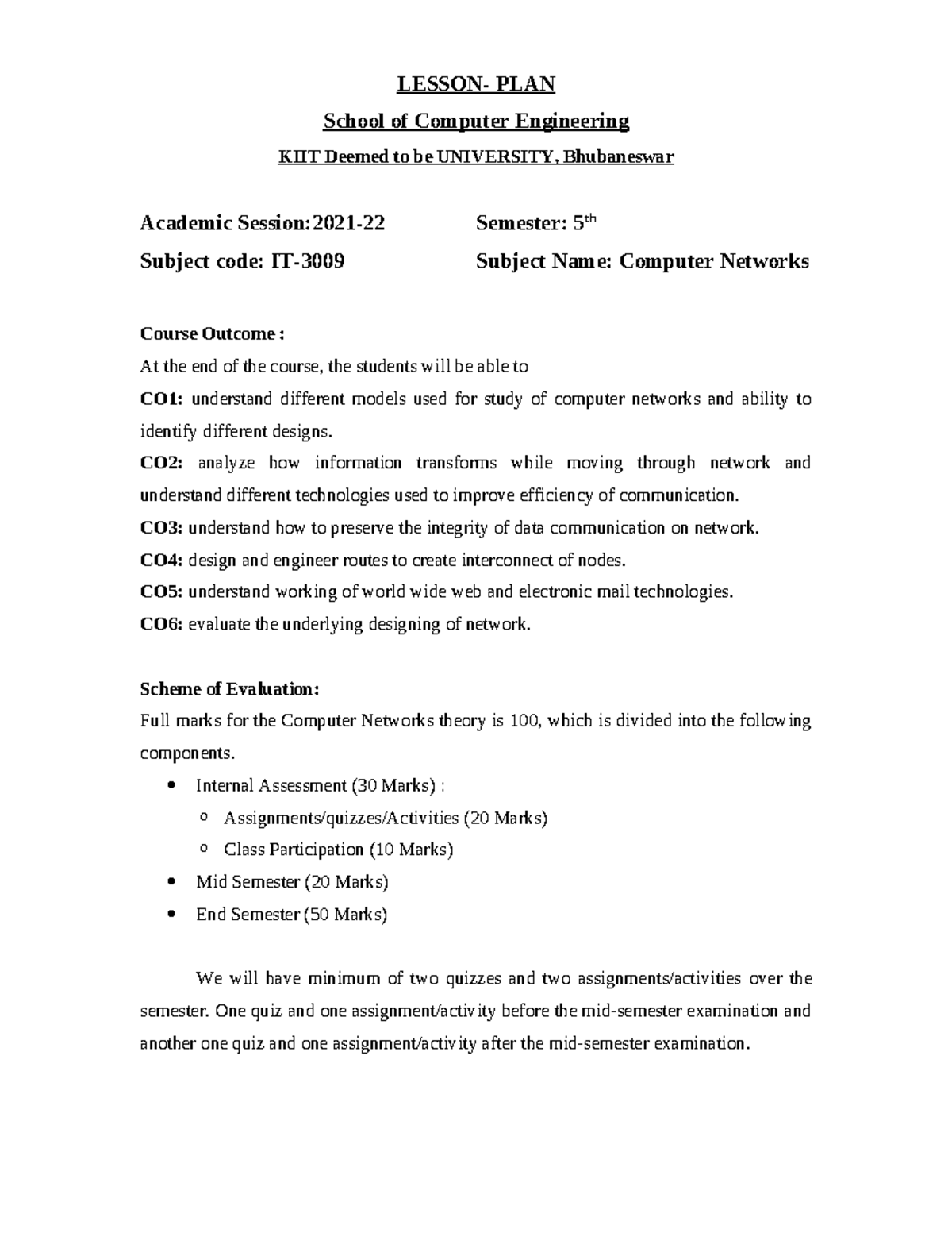 CN Lesson Plan - Good - LESSON- PLAN School of Computer Engineering ...