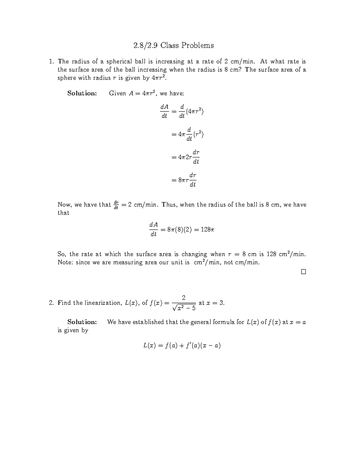 Lec14solutions - 2.8/2 Class Problems The radius of a spherical ball is increasing at a rate of ...