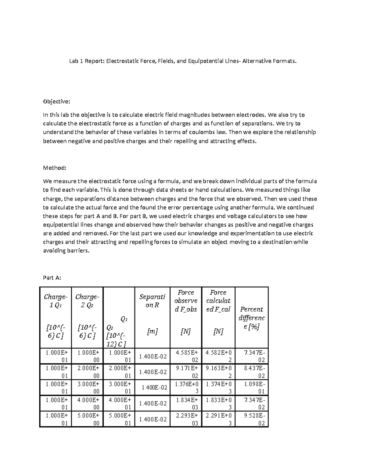 Lab 1 Electrostatic Force, Fields, and Equipotential Lines - Lab 1 ...