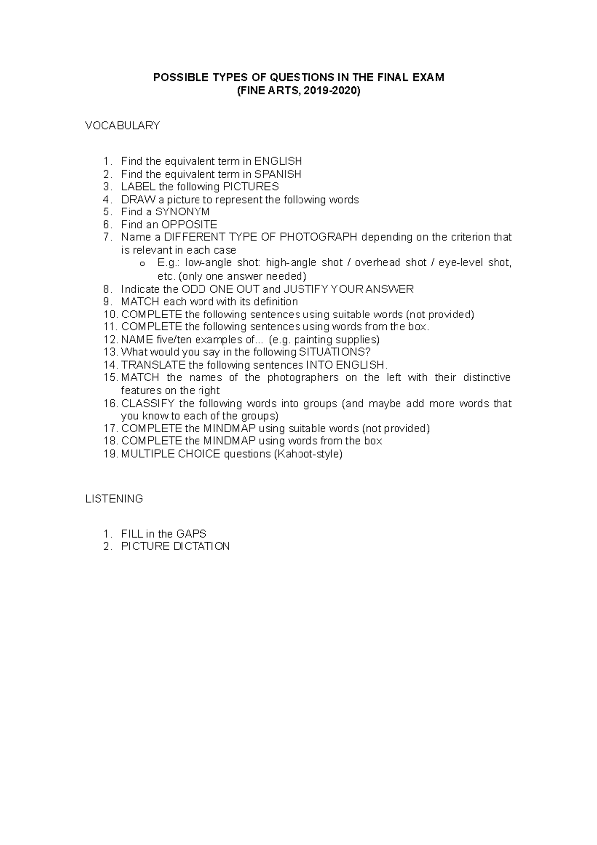 Possible Types OF Questions IN THE Final EXAM - POSSIBLE TYPES OF ...