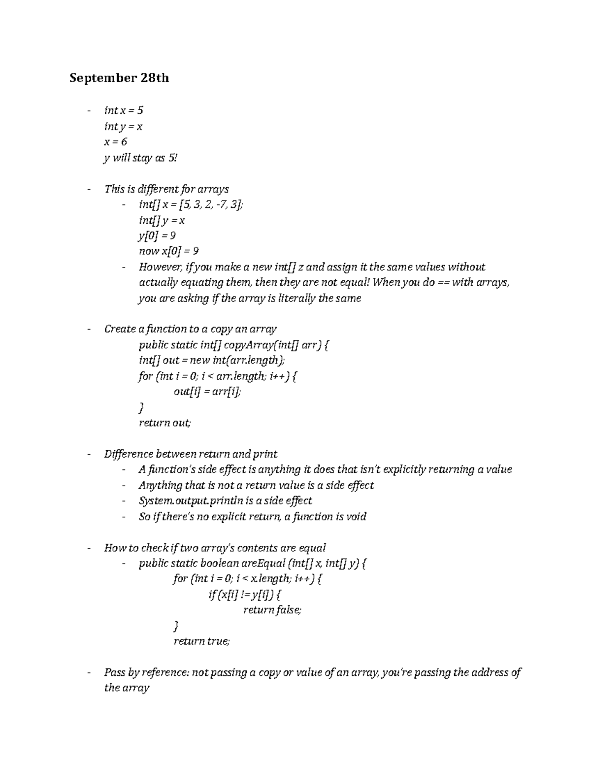 Class 13 Notes Java Programming Creating Function To Copy Arrays Dr 1371