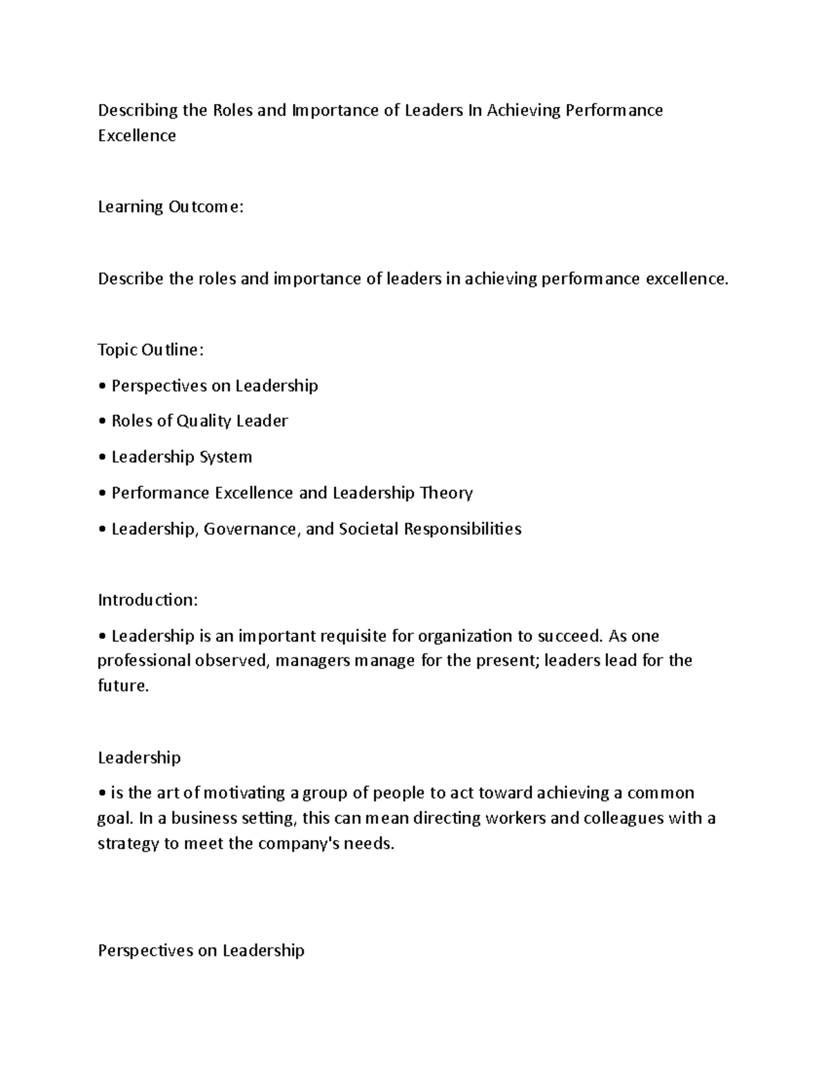 Roles and Importance of Leaders In Achieving Performance Excellence ...
