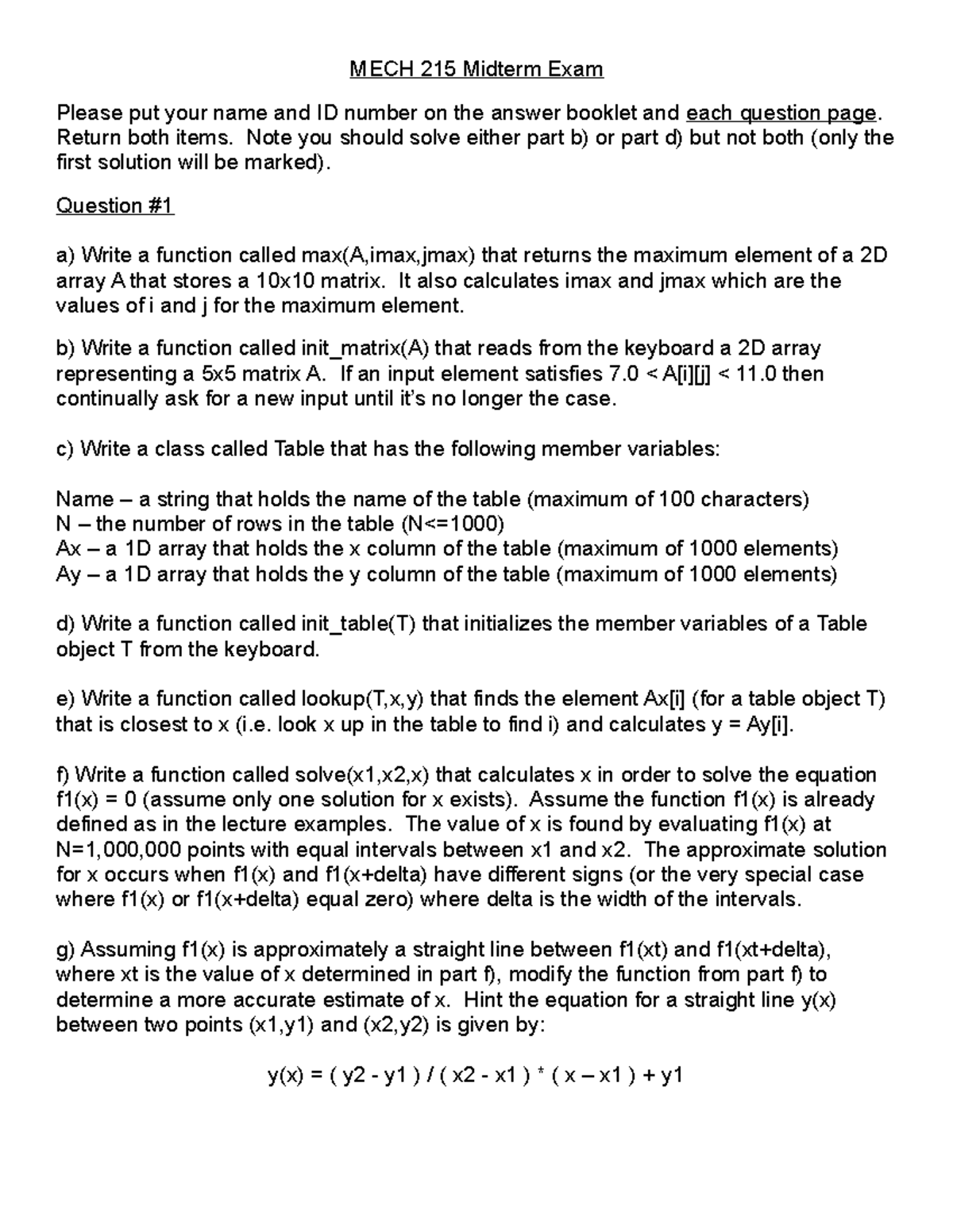 Midterm 9 May 2017, questions - MECH 215 Midterm Exam Please put your ...