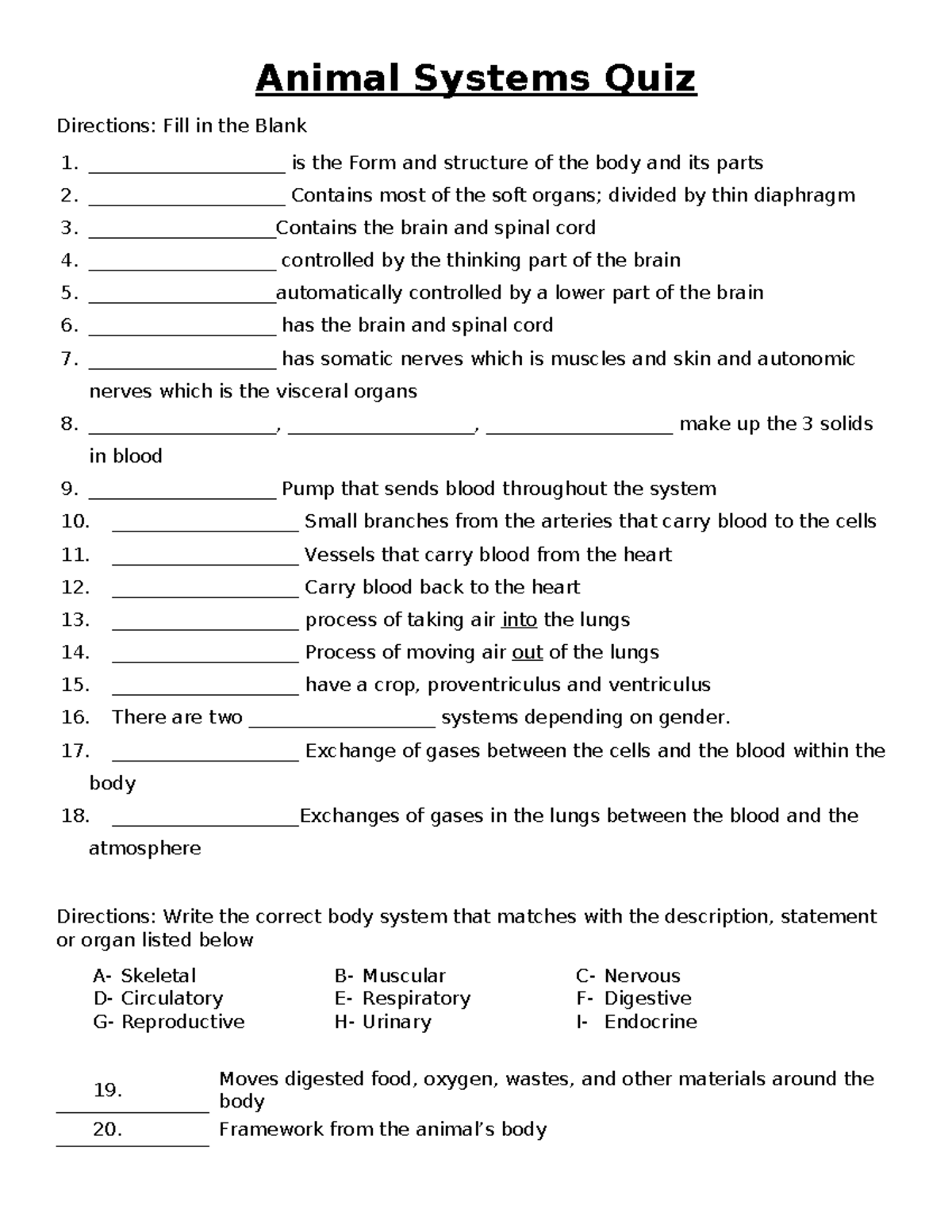 Animal Body Systems Test-1 - Animal Systems Quiz Directions: Fill in ...