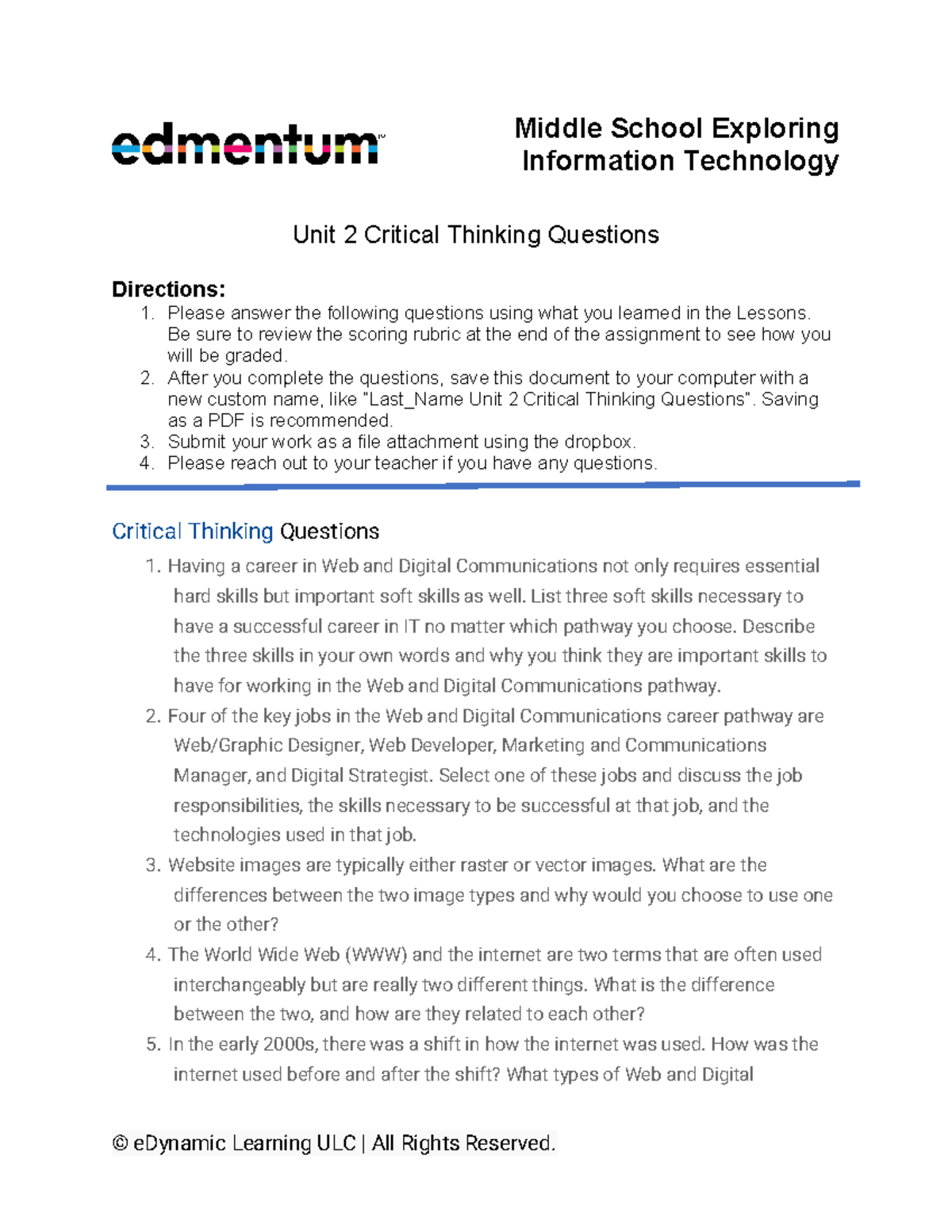 Middle School Exploring IT Unit 2 Critical Thinking Questions - Middle ...