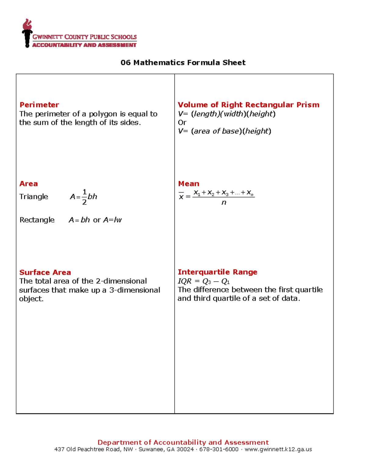 06 ACC MA Formula Sheet 2022 - Department of Accountability and Assessment 437 Old Peachtree ...