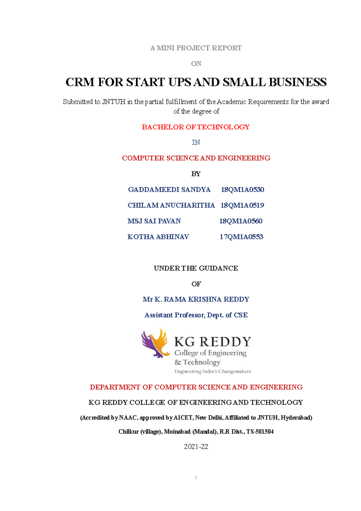 Mini project doc - A MINI PROJECT REPORT ON CRM FOR START UPS AND SMALL ...