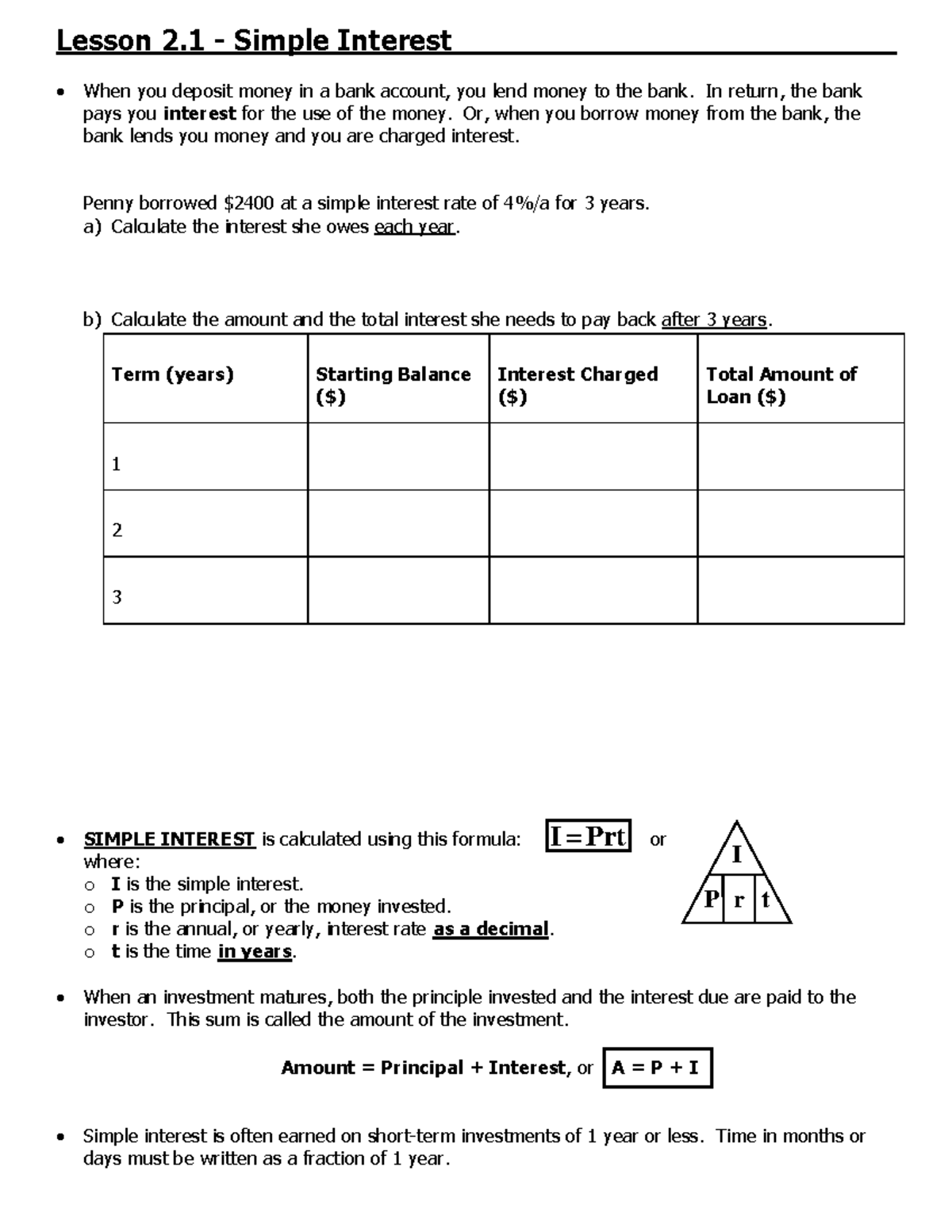 2.1 Simple Interest - Lesson 2 - Simple Interest When you deposit money ...