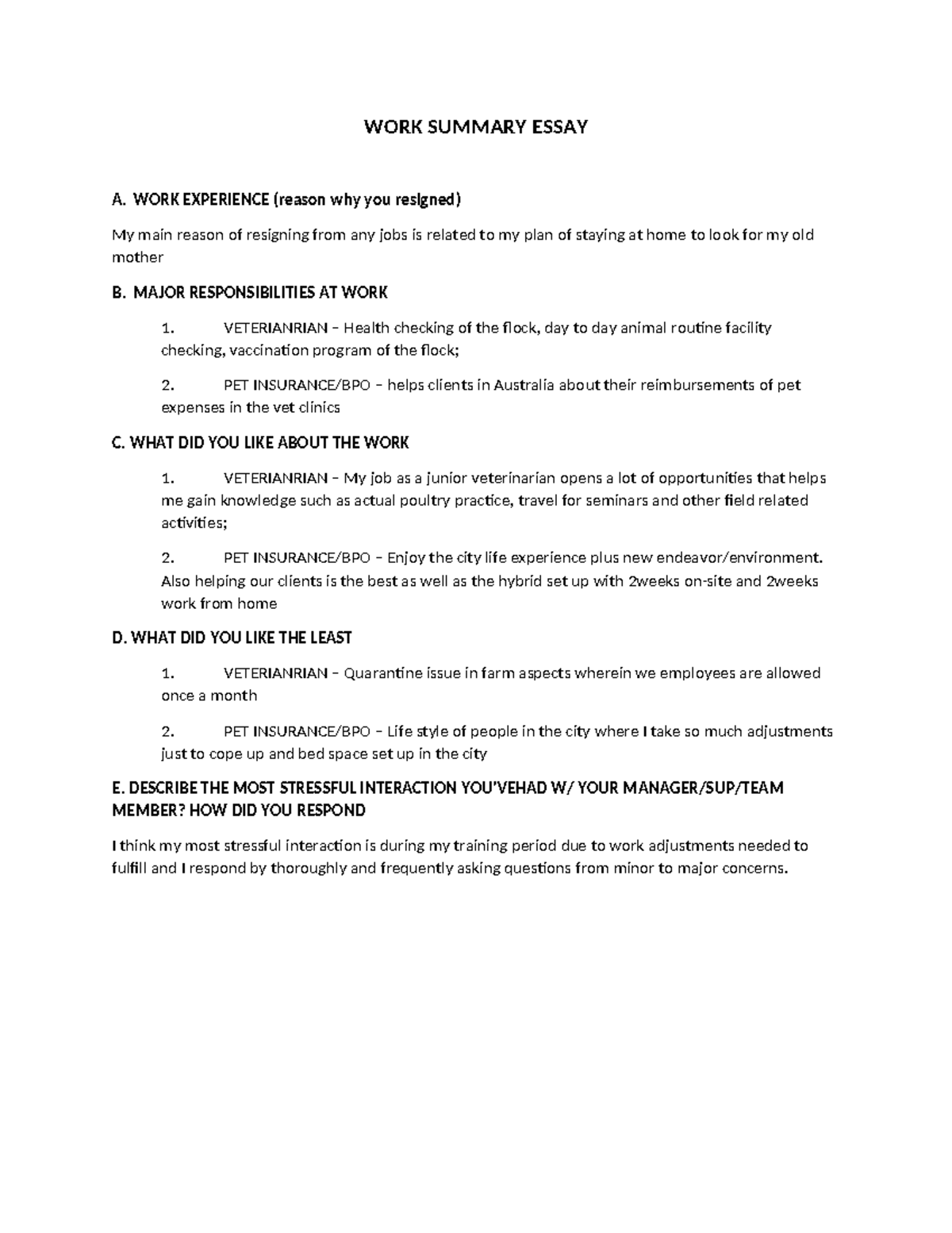 WORK Summary - info for interview - WORK SUMMARY ESSAY A. WORK ...
