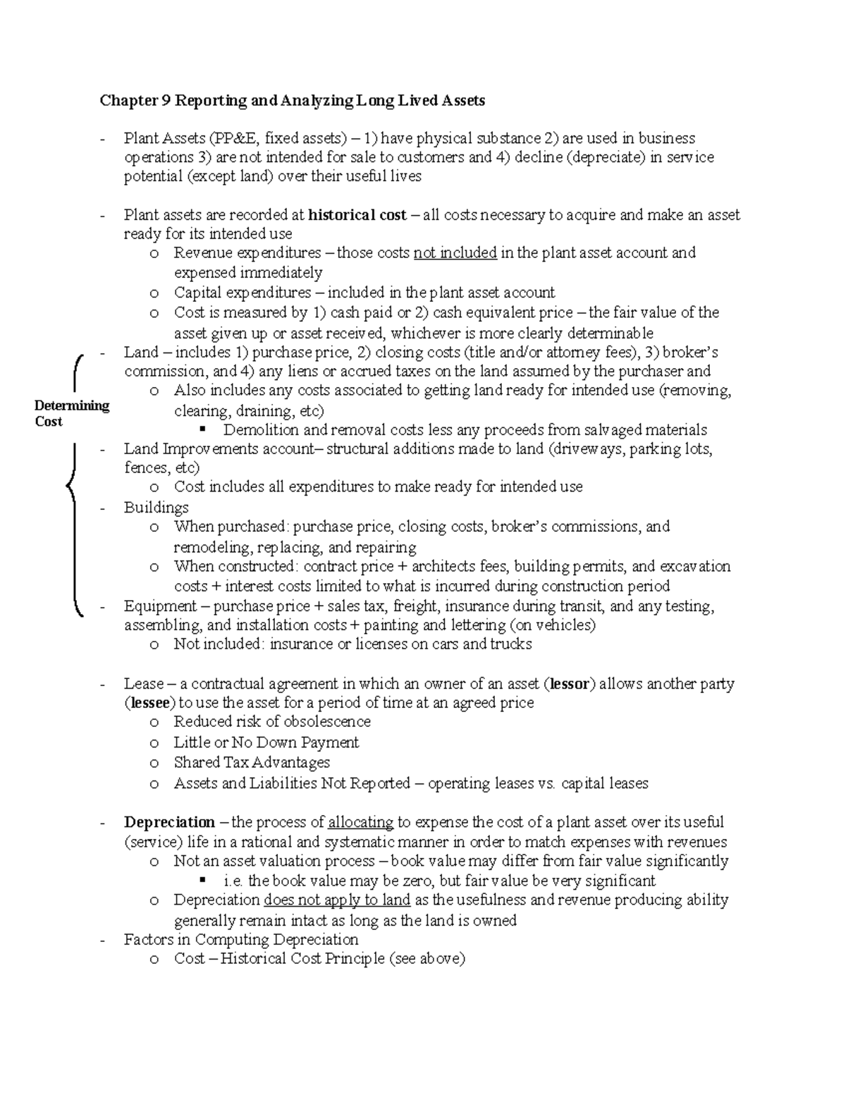 Chapter 9 Summary Chapter 9 Reporting And Analyzing Long Lived Assets