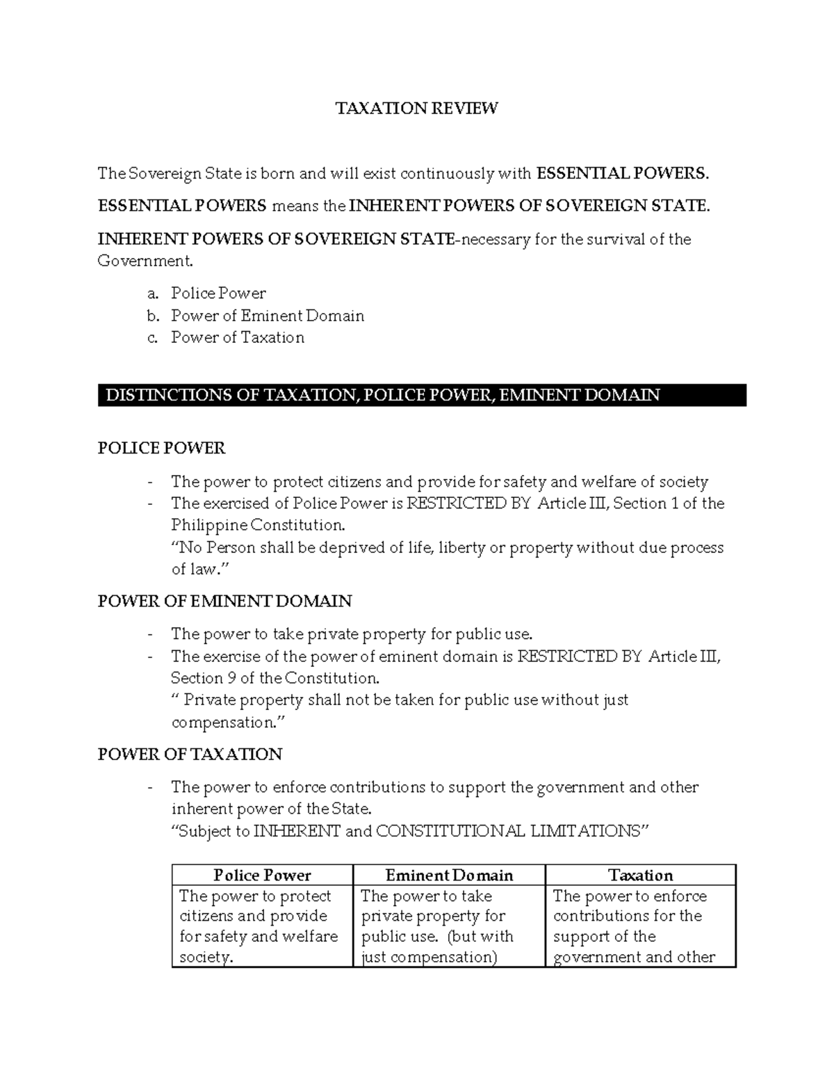 Taxation- Review- Notes - TAXATION REVIEW The Sovereign State is born ...