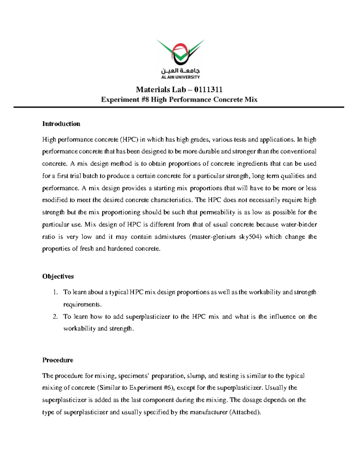 Experiment#8 High Perofmance Concrete Mix Strength - Materials Lab ...