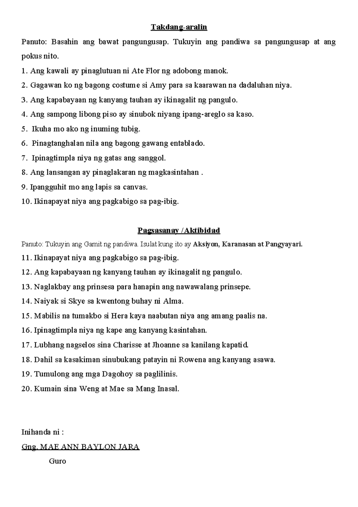 Takdang Aralin at PAgsasanay - Takdang-aralin Panuto: Basahin ang bawat pangungusap. Tukuyin ang ...
