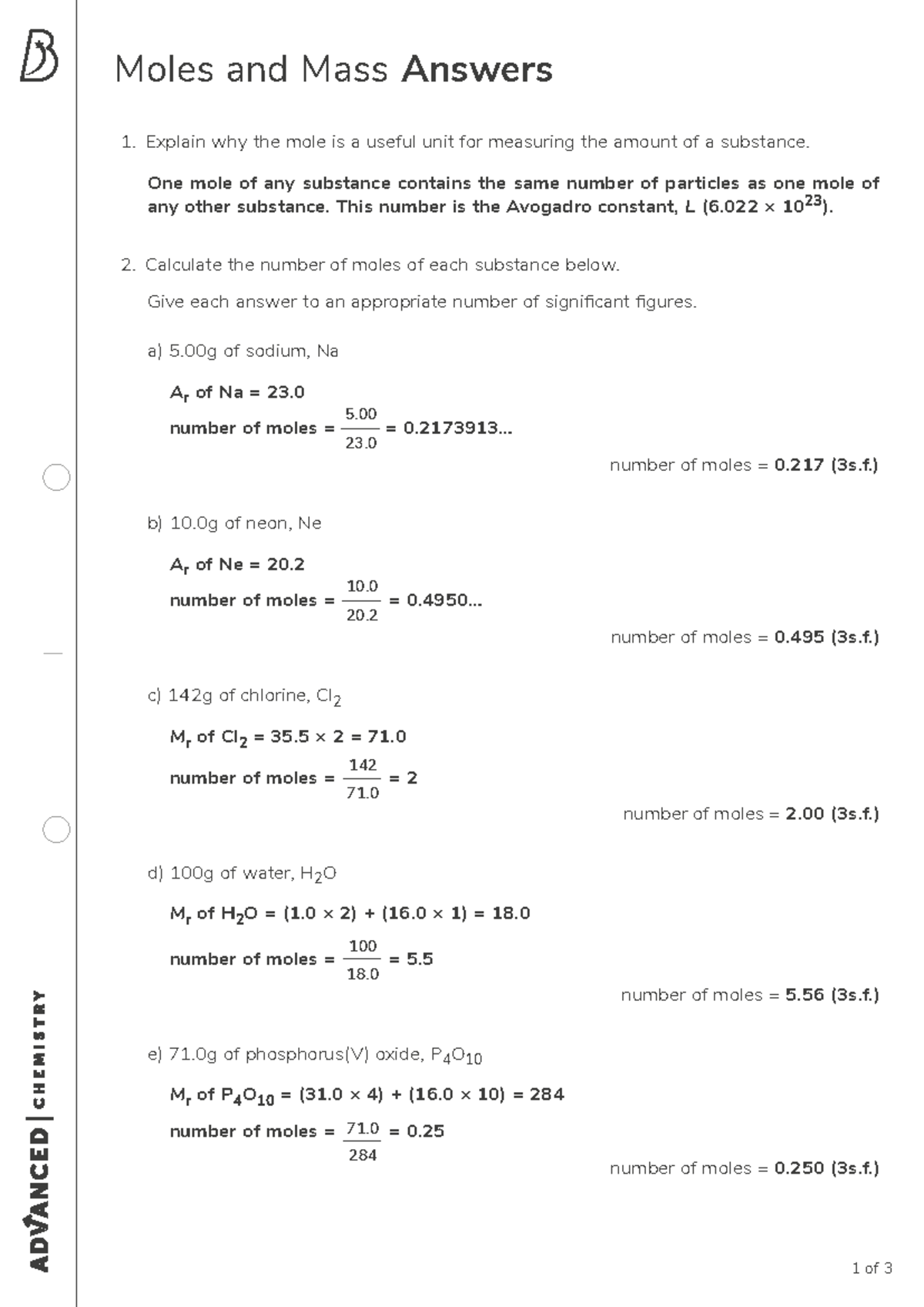 Moles and Mass Answers With Working Out - Moles and Mass Answers 1 ...
