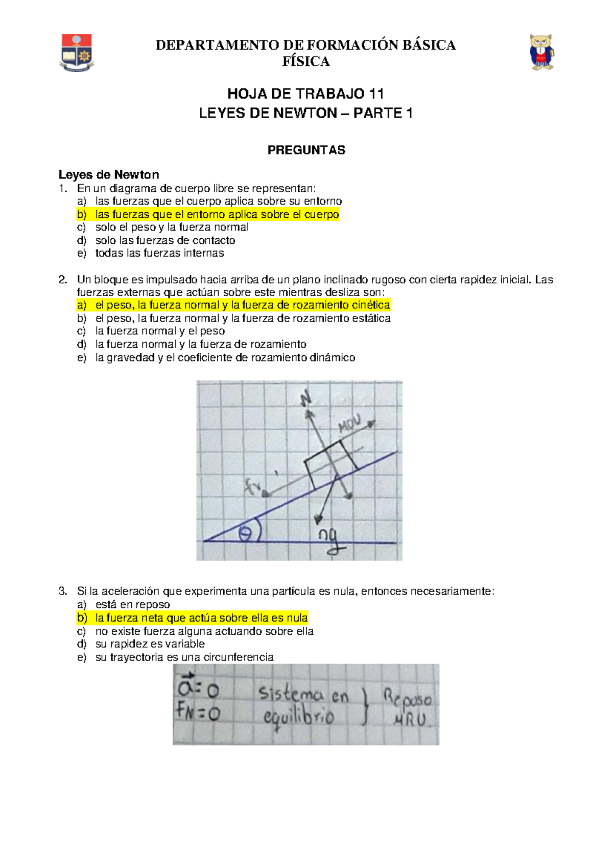 Hoja De Trabajo Sobre Las Leyes Del Movimiento De Newton