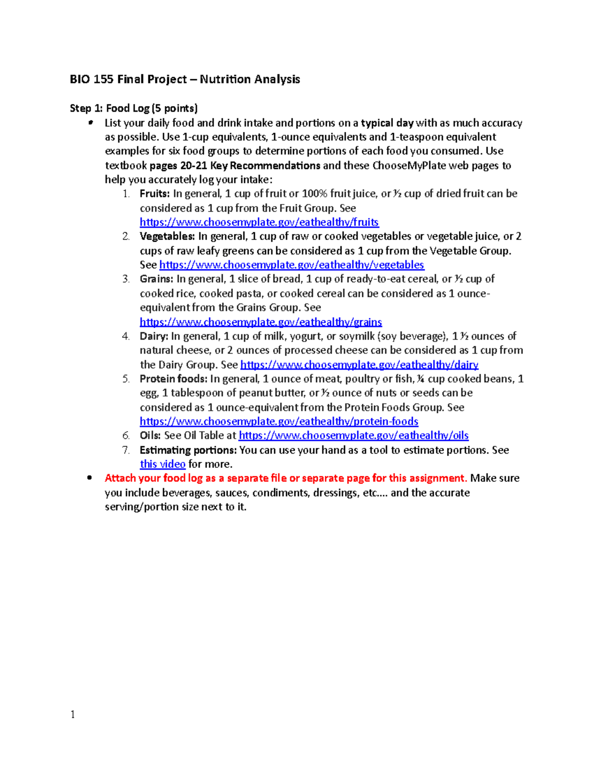 BIO 155 Nutrition Analysis Assignment - BIO 155 Final Project ...
