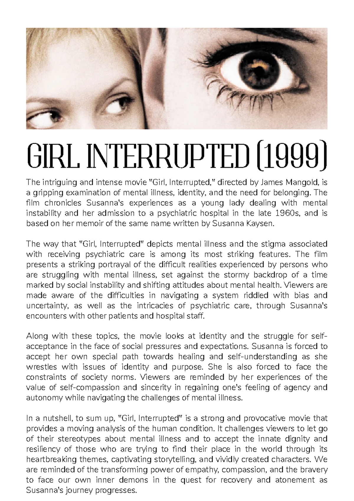 Girl interrupted 1999 - reaction paper - The intriguing and intense ...