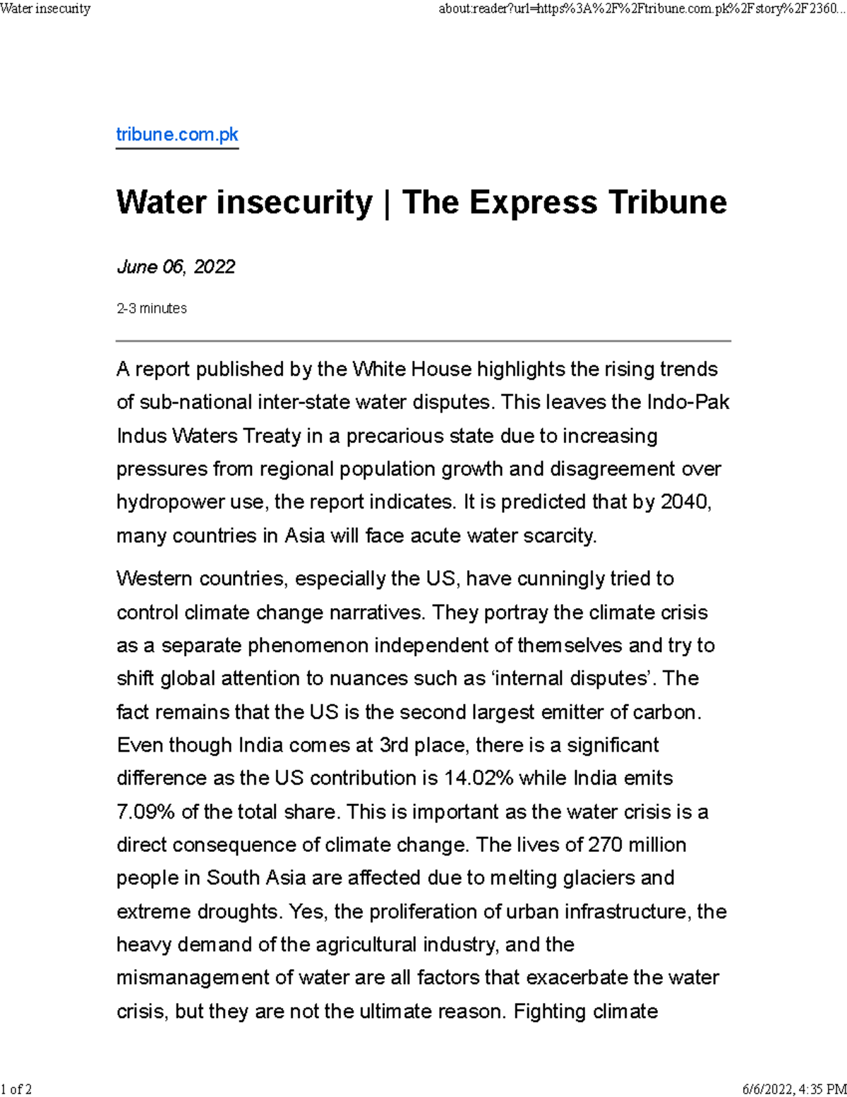 Water insecurity - Title: Dealing with Children The author opines that ...