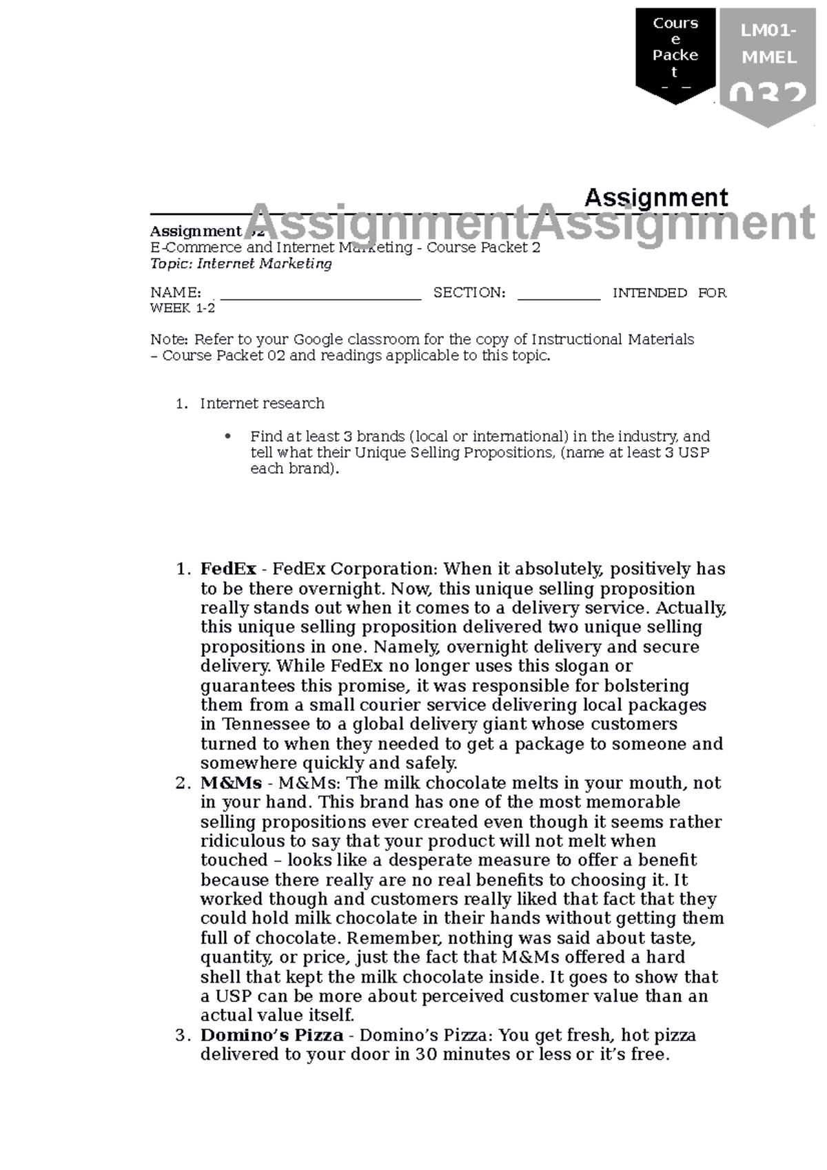Assignment 02 Dianne Laurice M. Rodis - Assignment Assignment 02 E-Commerce and Internet ...