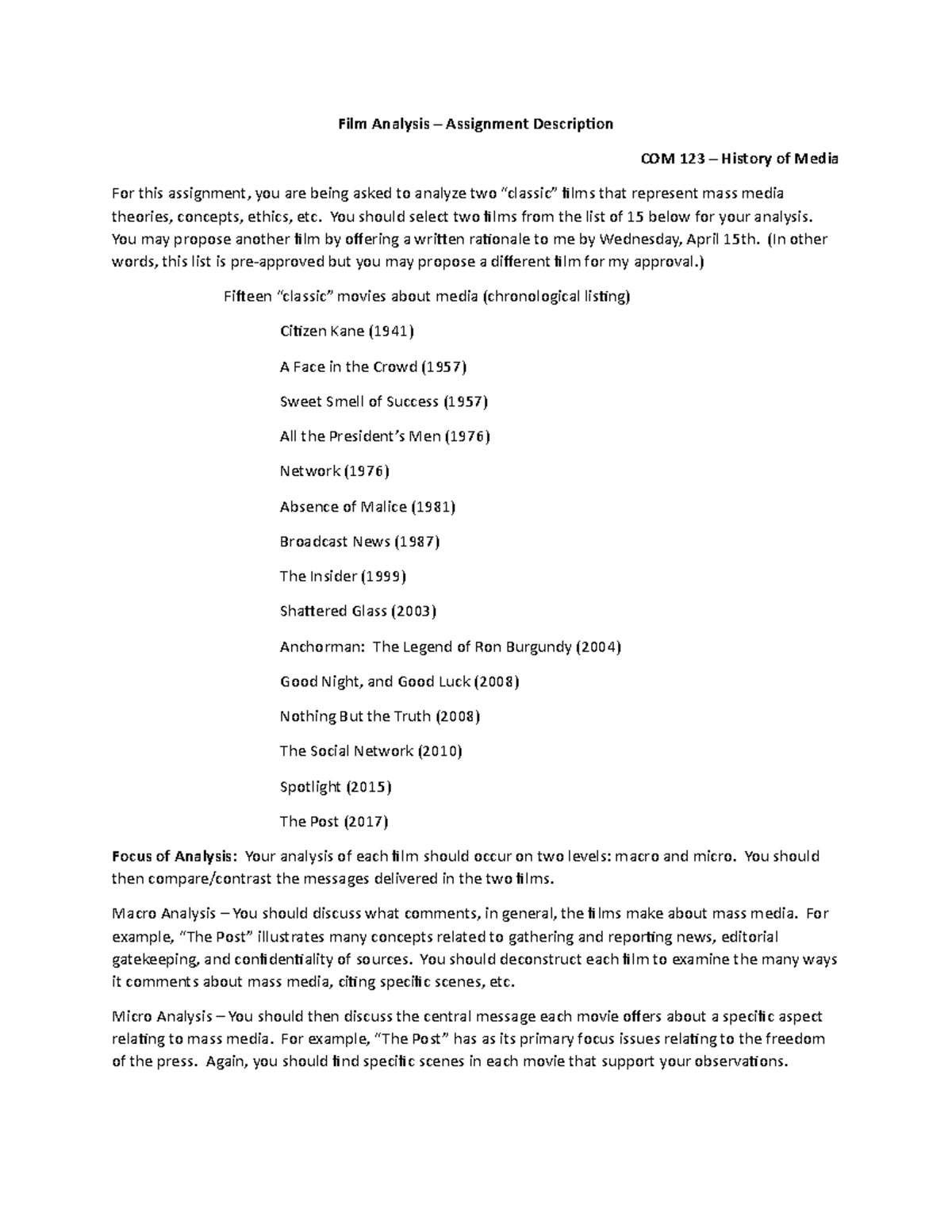 COM 123 Film Analysis - Assignment description - Film Analysis ...