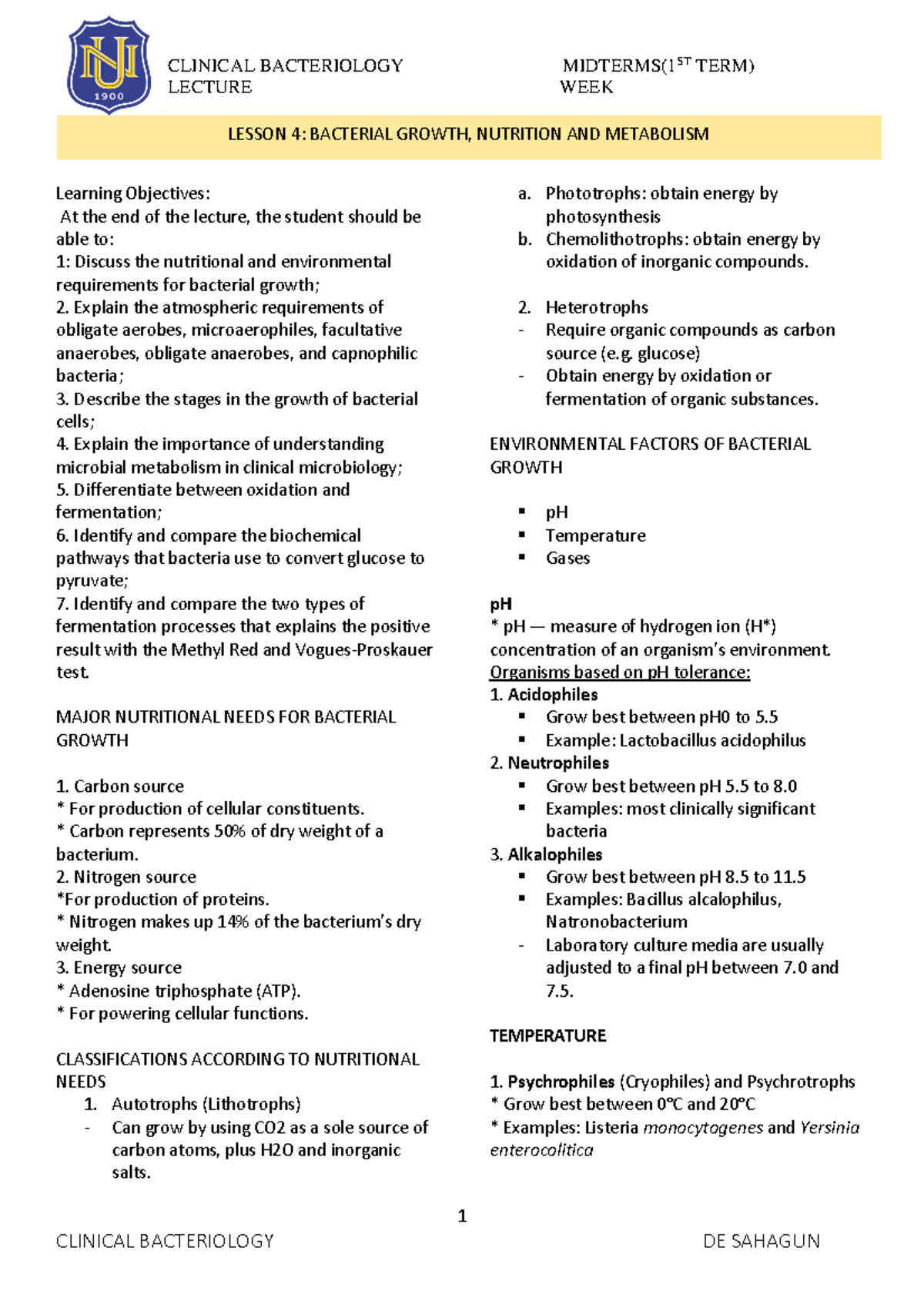 Lesson 4 Bacterial Growth, Nutrition AND Metabolism - LECTURE WEEK 1 ...