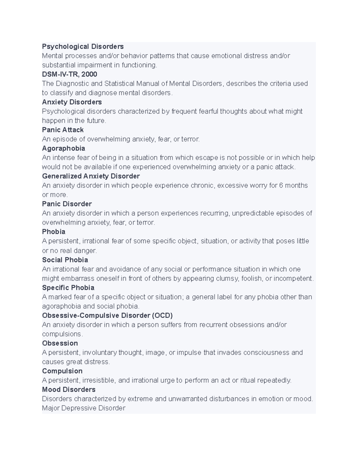 Psychology- Chapter 14 Psychological Disorders Study - Psychological ...