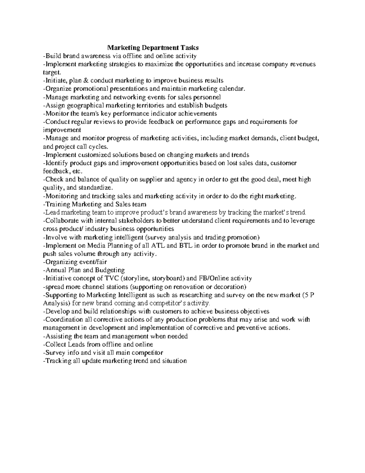 Marketing Department Tasks - Marketing Department Tasks Build brand ...
