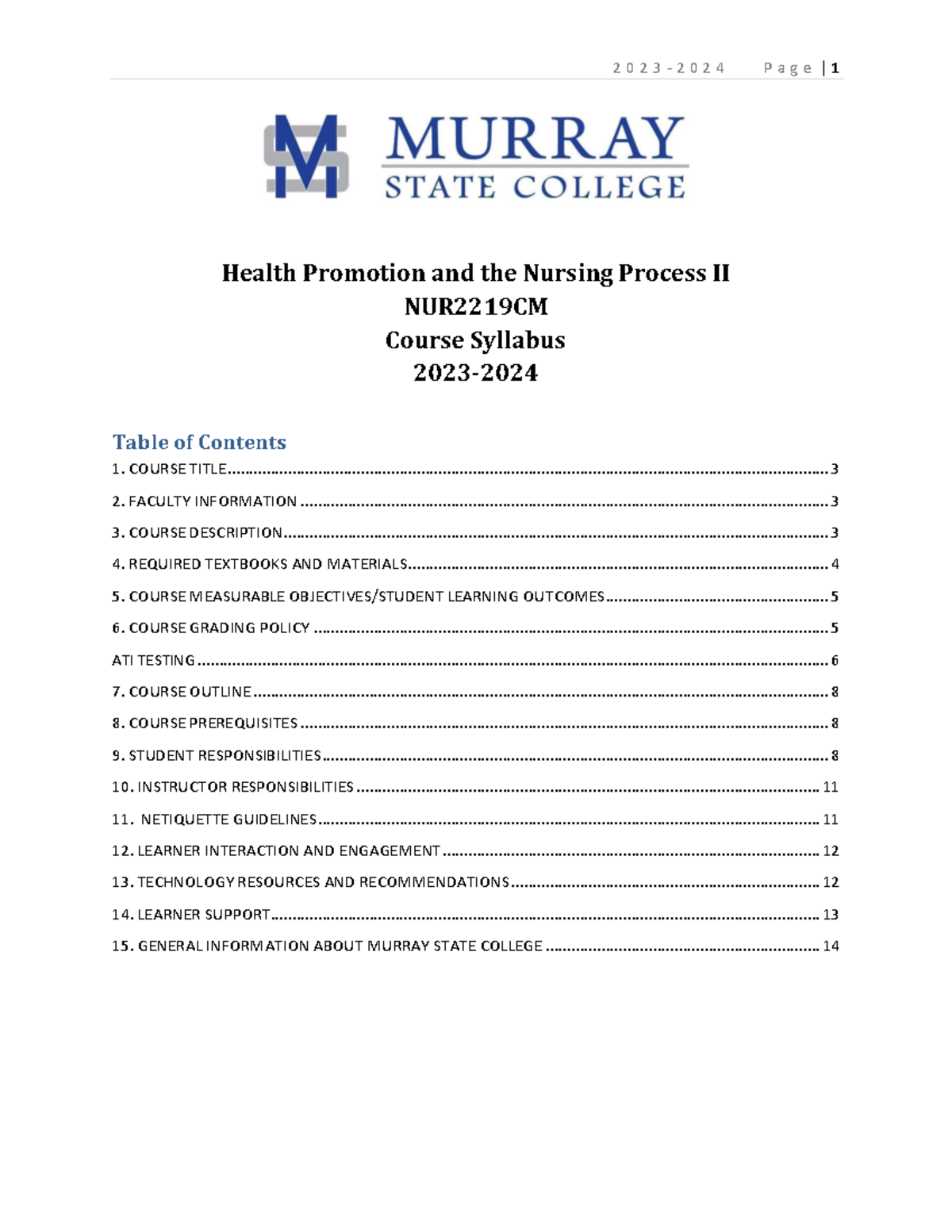 2219 syllabus - Health Promotion and the Nursing Process II NUR2219CM ...