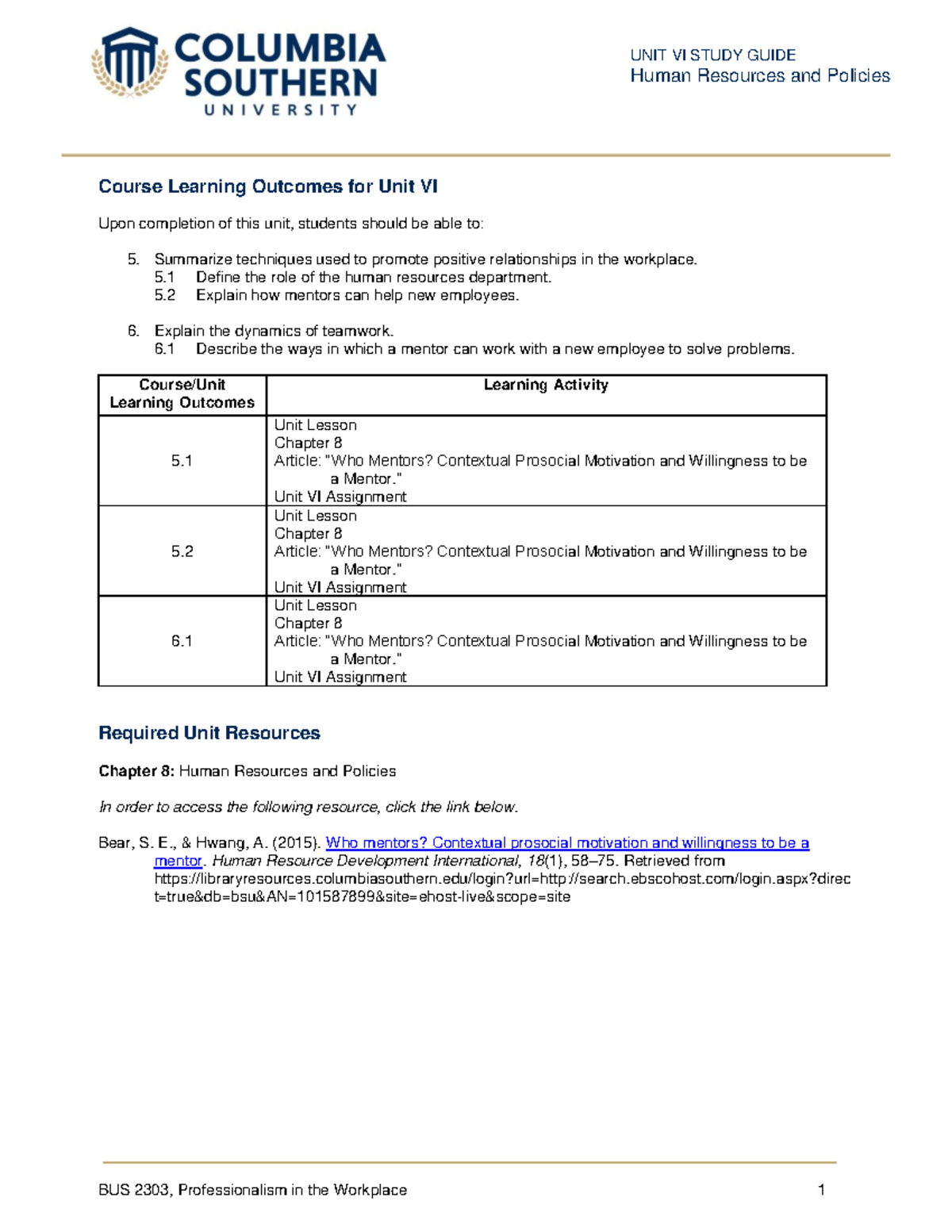 UNIT 6 SG - BUS 2303 UNIT 6 STUDY GUIDE - Course Learning Outcomes for ...