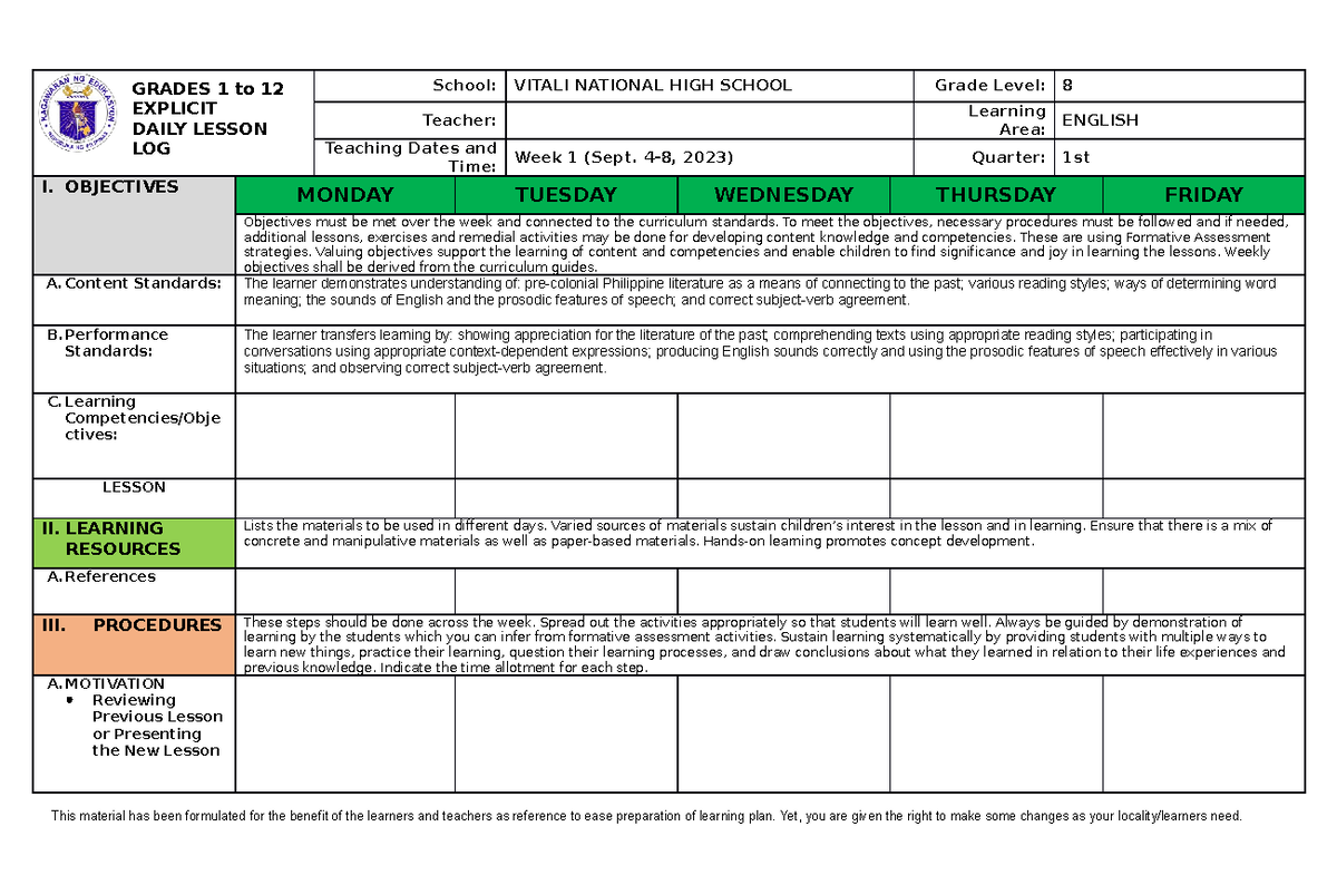 Explicit-DLL - Report - GRADES 1 to 12 EXPLICIT DAILY LESSON LOG School ...
