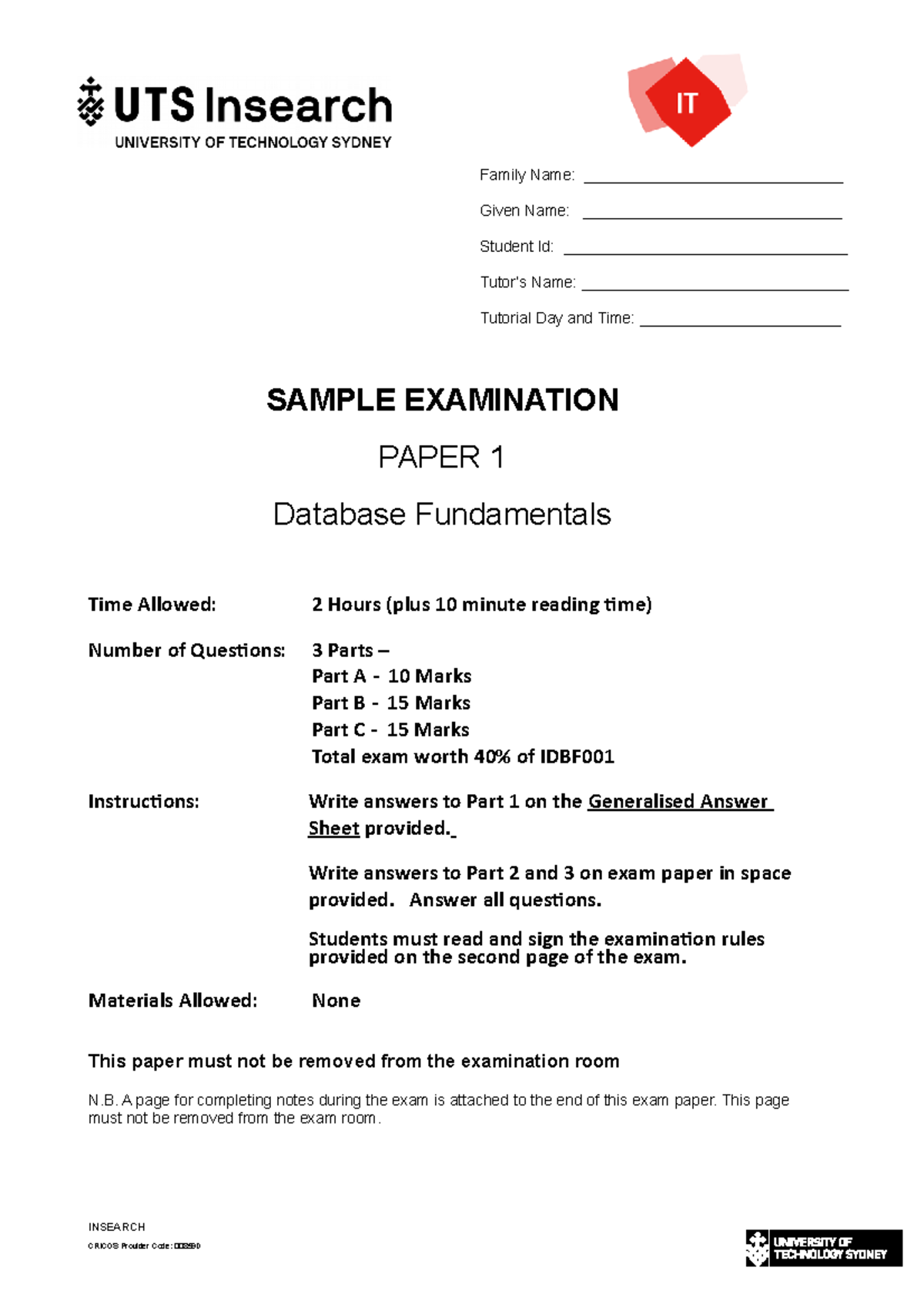 Sample Exam 1 Solution - Family Name: ______________________________ Given Name: - Studocu