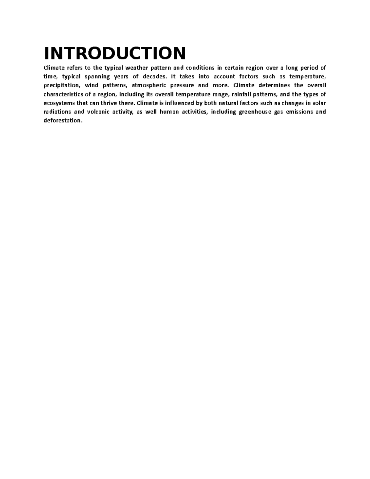 Introduction for as - INTRODUCTION Climate refers to the typical ...