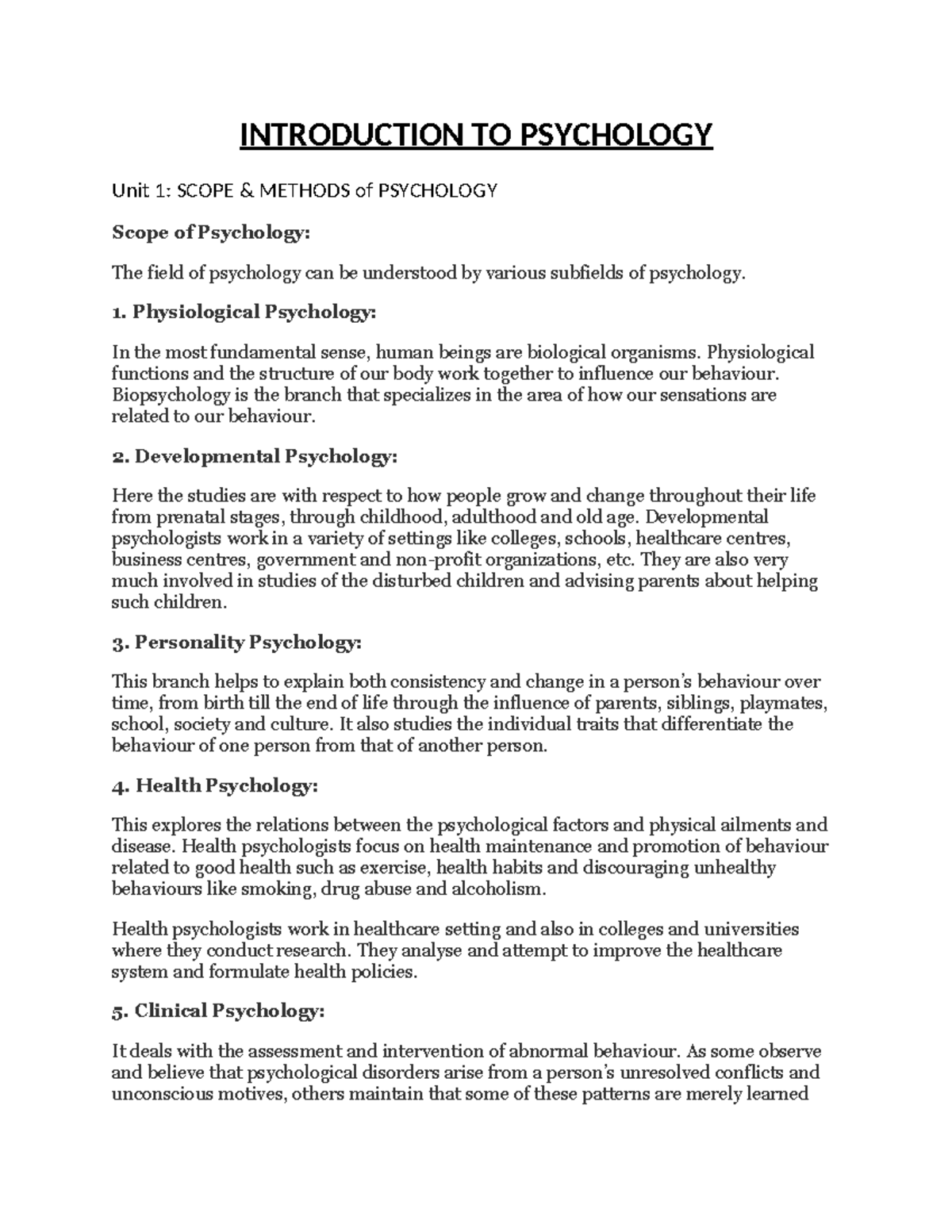 392315367-Psychology-Notes - INTRODUCTION TO PSYCHOLOGY Unit 1: SCOPE ...