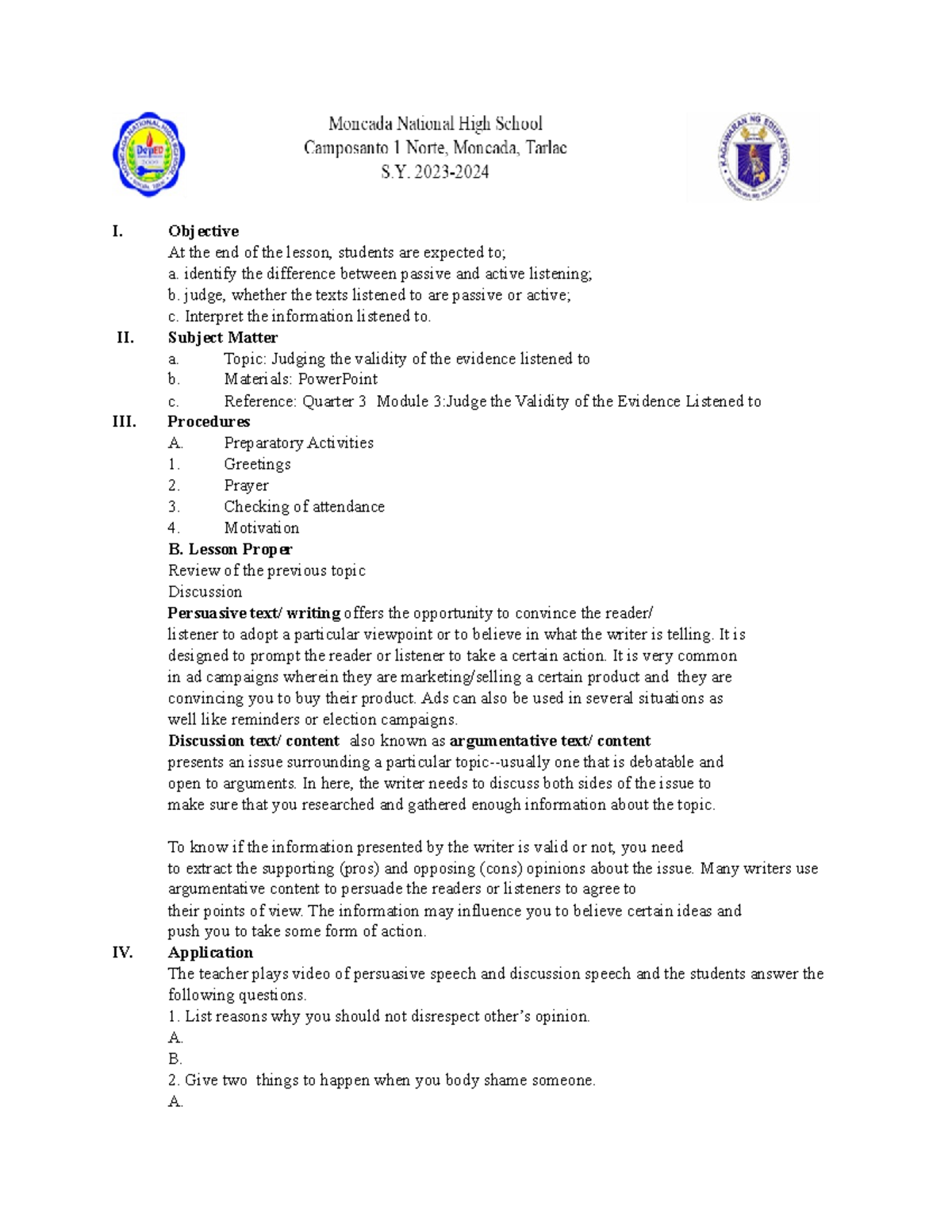 Lesson 3 Third Day - I. Objective At the end of the lesson, students ...