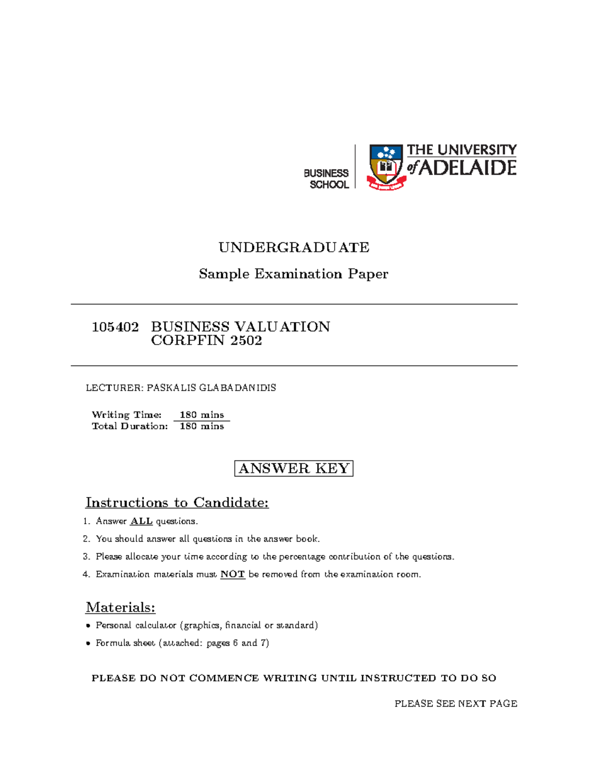 BV - Sample Final Exam - Solutions - UNDERGRADUATE Sample Examination ...