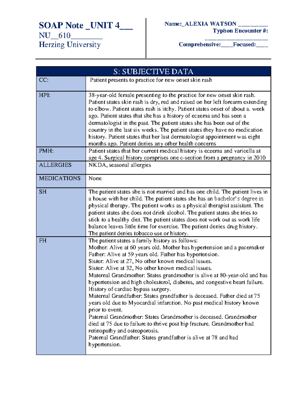 Soap note family member UNIT 6 - SOAP Note _UNIT 4 ___ NU__ 610 ...