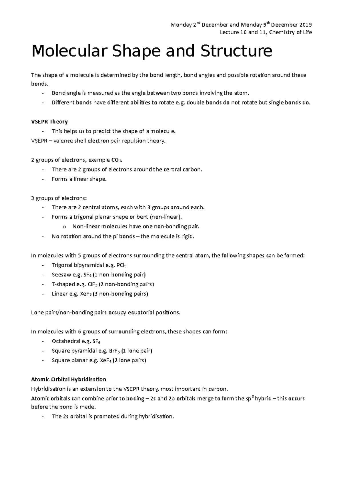 Week 11 - Molecular Shape and Structure - Monday 2nd December and ...