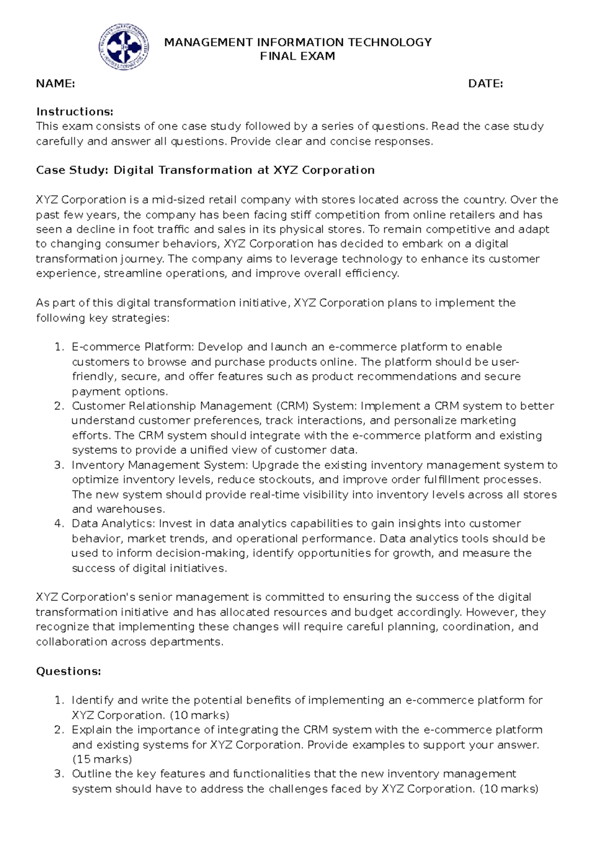 MIT - finals - This is an exam - MANAGEMENT INFORMATION TECHNOLOGY ...