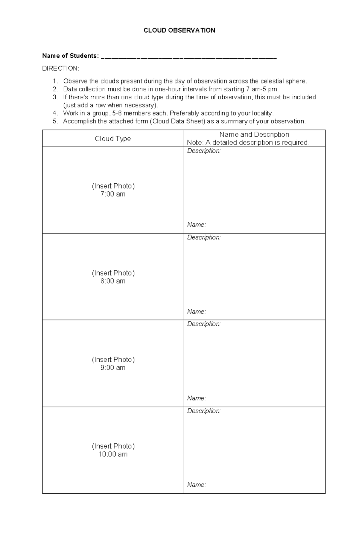 Activity-2 Cloud-Observation - CLOUD OBSERVATION Name of Students ...