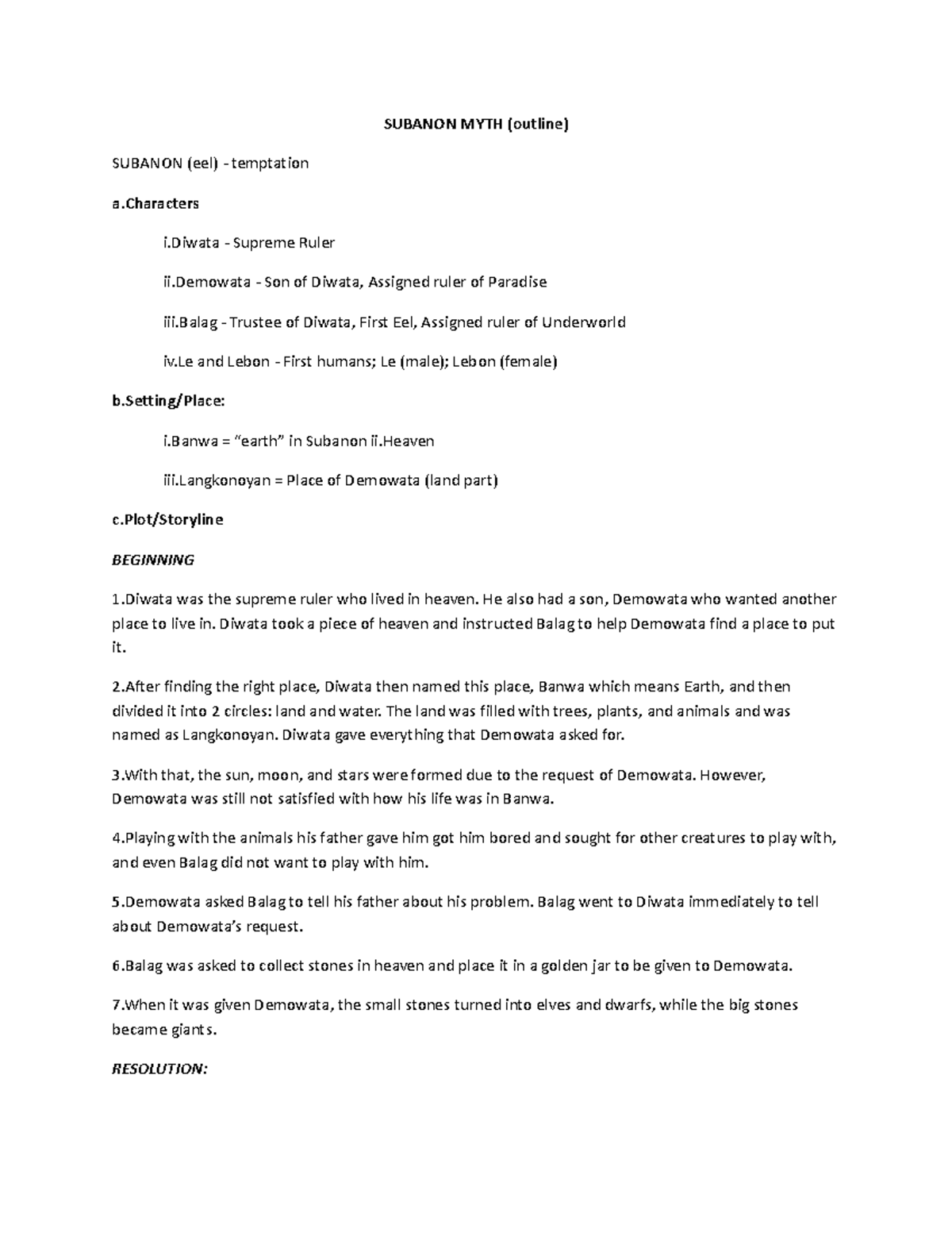 Subanon MYTH - lit 10 - SUBANON MYTH (outline) SUBANON (eel ...