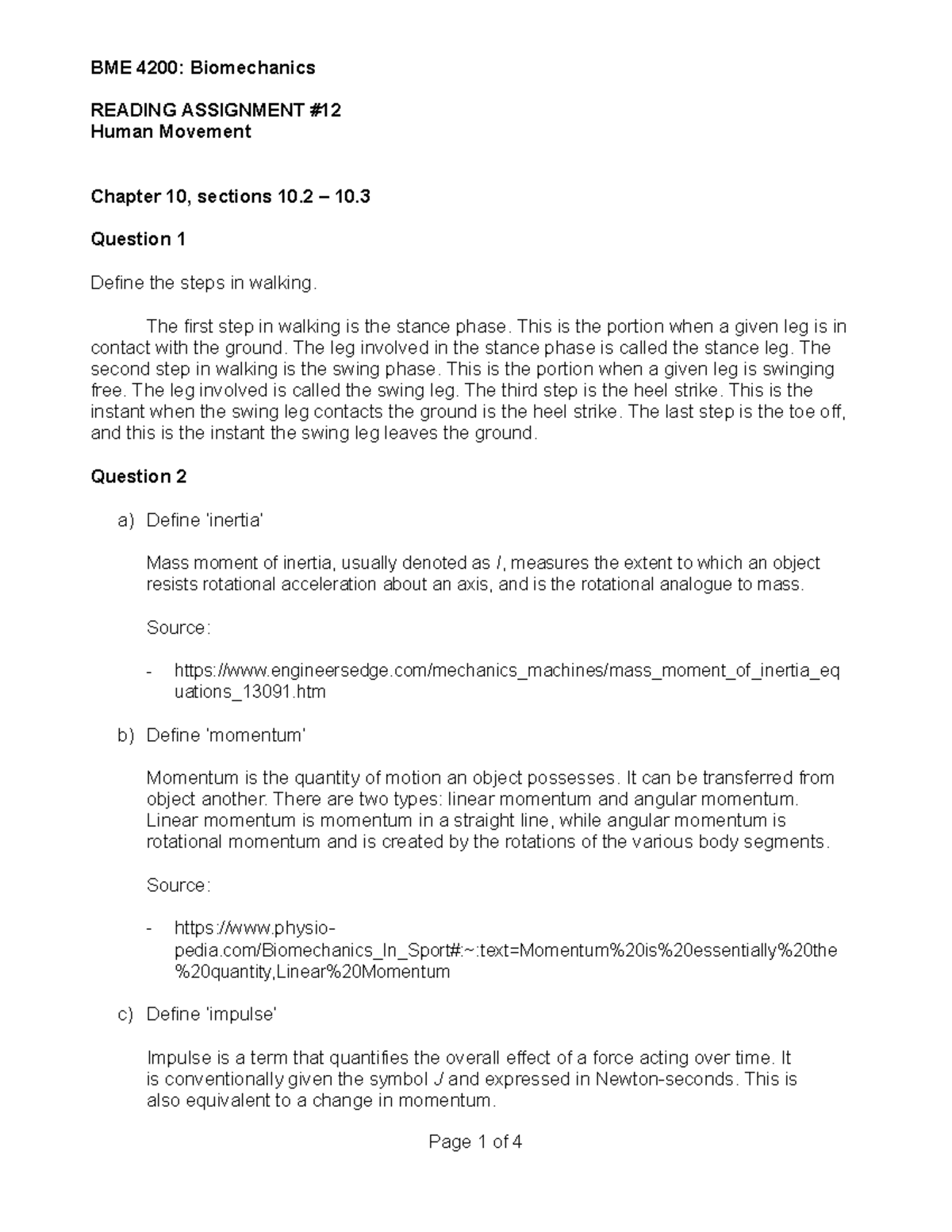 BME 4200 Reading 12 - BME 4200: Biomechanics READING ASSIGNMENT # Human ...