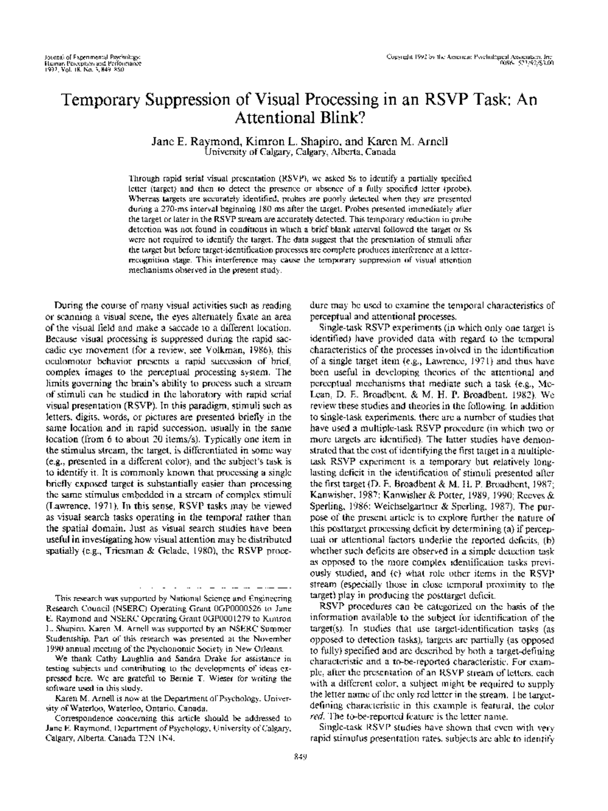 Attentional Blink- Raymond, Shapiro, & Arnell, 1992 - 830:305 - Studocu