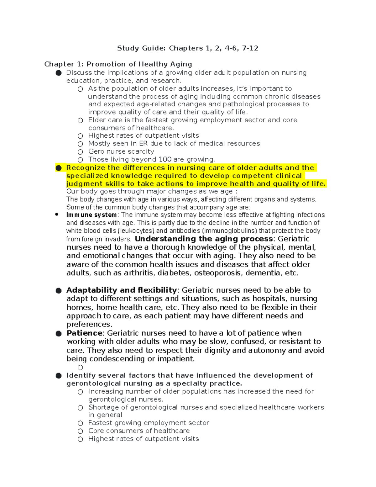 Gero Exam 1 SG - study guide - Study Guide: Chapters 1, 2, 4-6, 7- Chapter 1: Promotion of ...