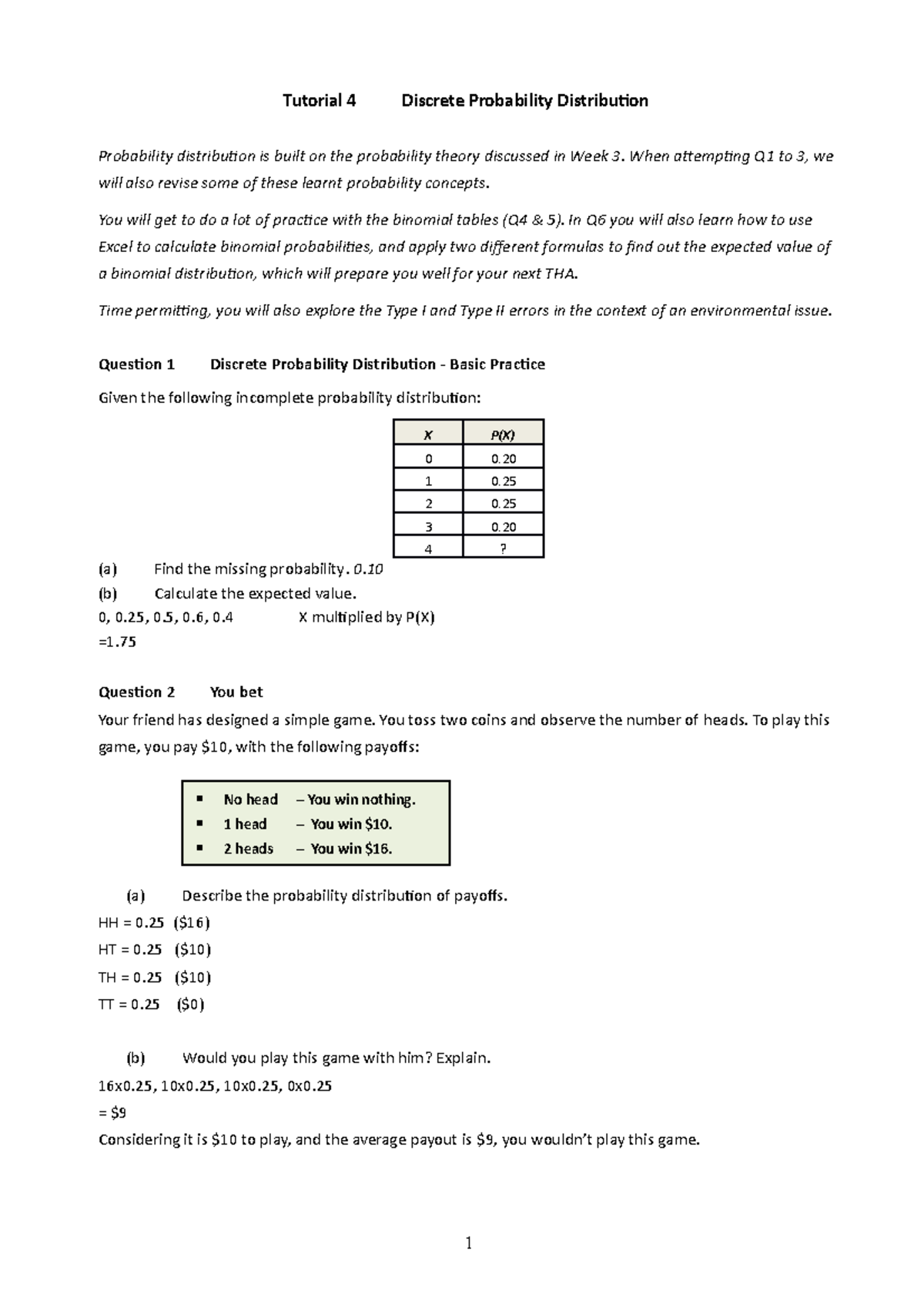 Tute 4 - Discrete Probability Distribution - Tutorial 4 Discrete ...