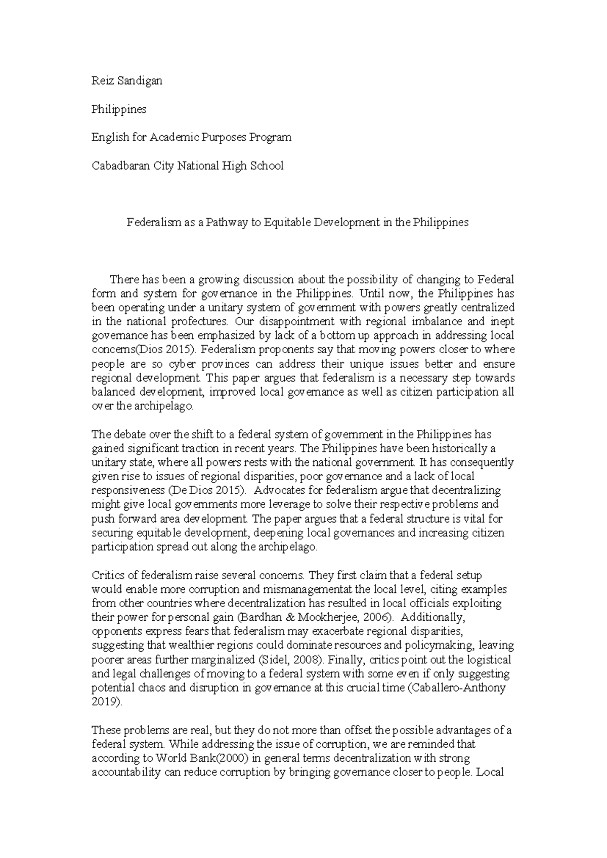 Position Paper Reiz Sandigan - Reiz Sandigan Philippines English for ...
