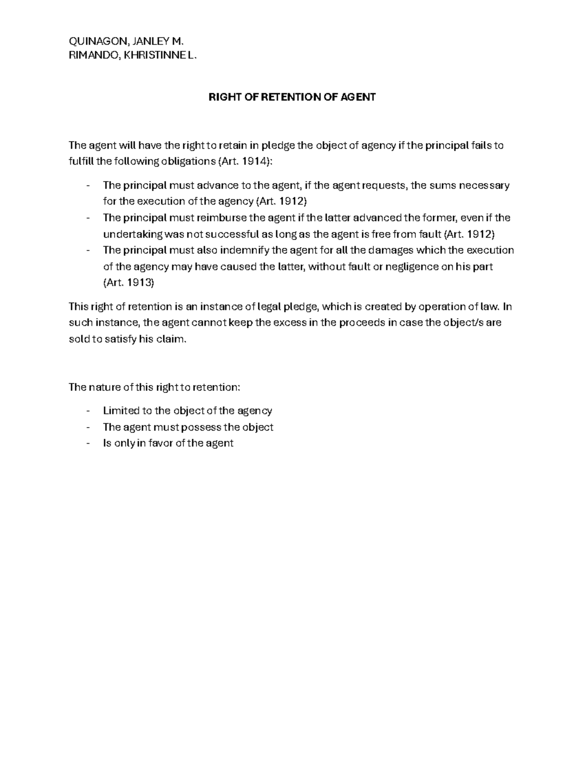 Group 11 Right of Retention of Agent - QUINAGON, JANLEY M. RIMANDO ...