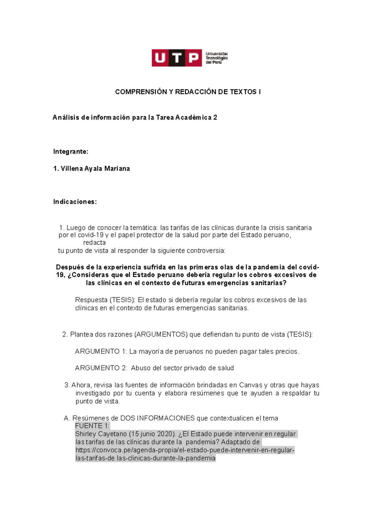 Semana 09 - Consigna para tarea de la semana - COMPRENSIÓN Y REDACCIÓN DE TEXTOS I Análisis de ...