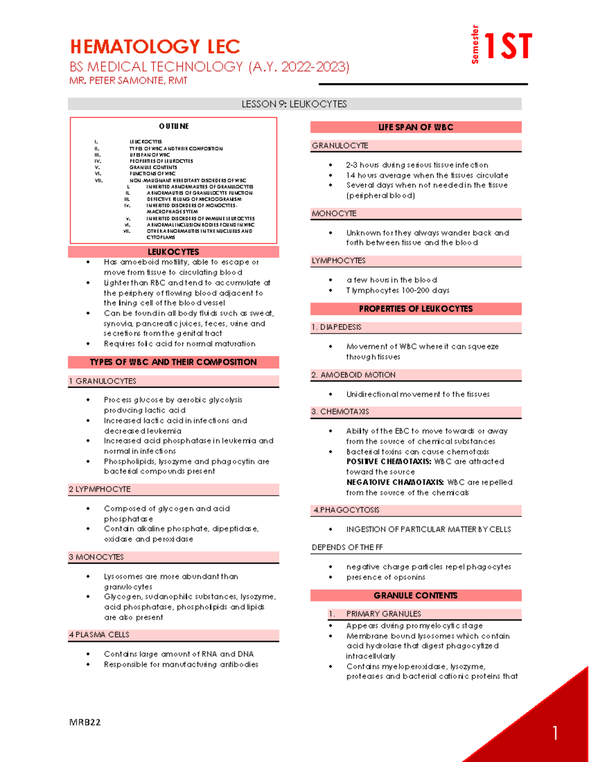 Lesson 9 Leukocytes - BS MEDICAL TECHNOLOGY (A. 2022-2023) MR. PETER ...