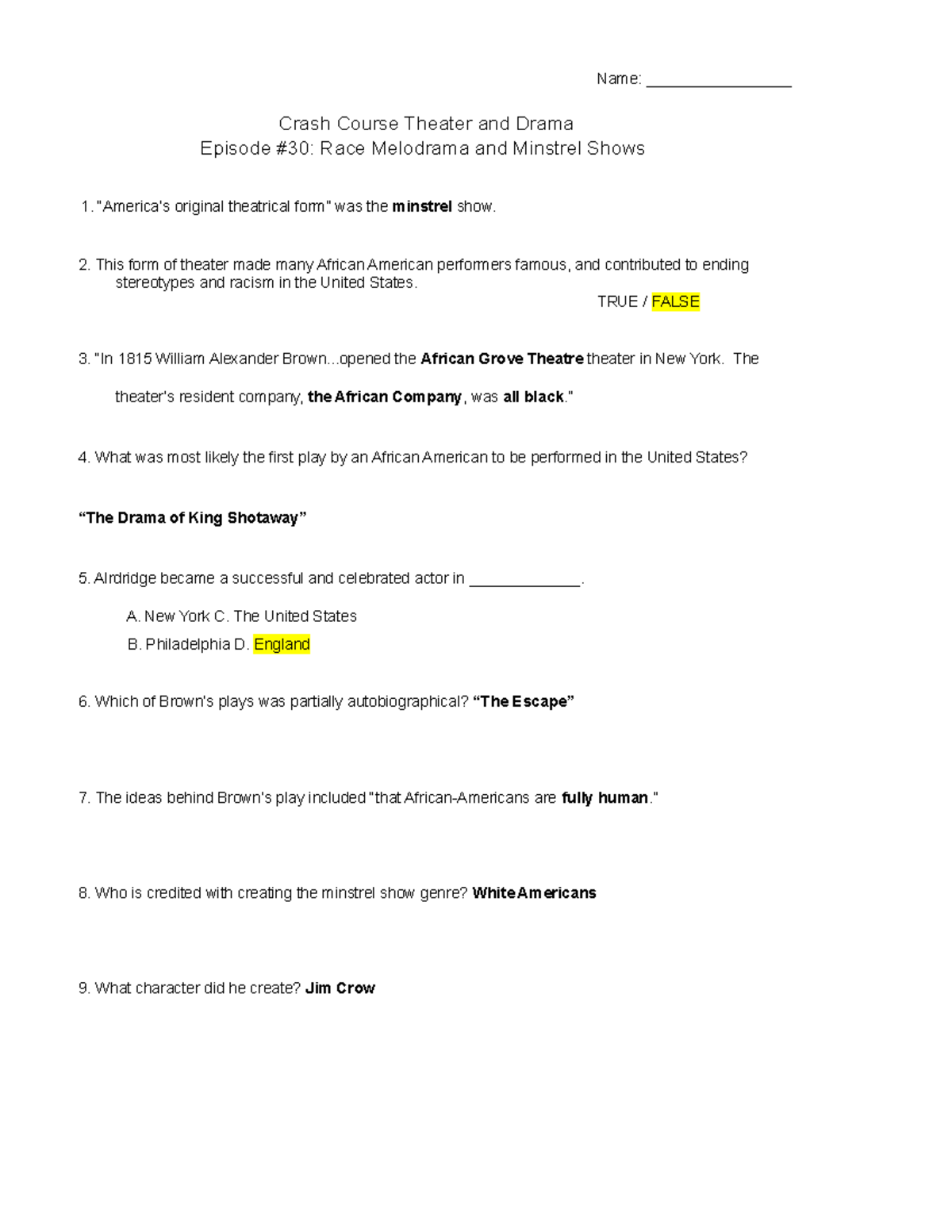 Crash Course episode #30 - Name: _________________ Crash Course Theater ...